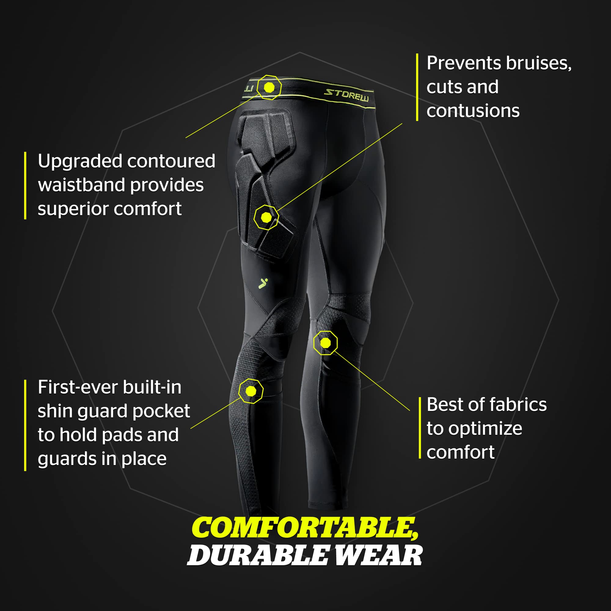 Storelli BodyShield Goalkeeper Leggings 3, High-Impact Protection, Sweat-Wicking, UV-Resistant Athletic Bottoms for Soccer & Heavy-Duty Sports | Black | Medium