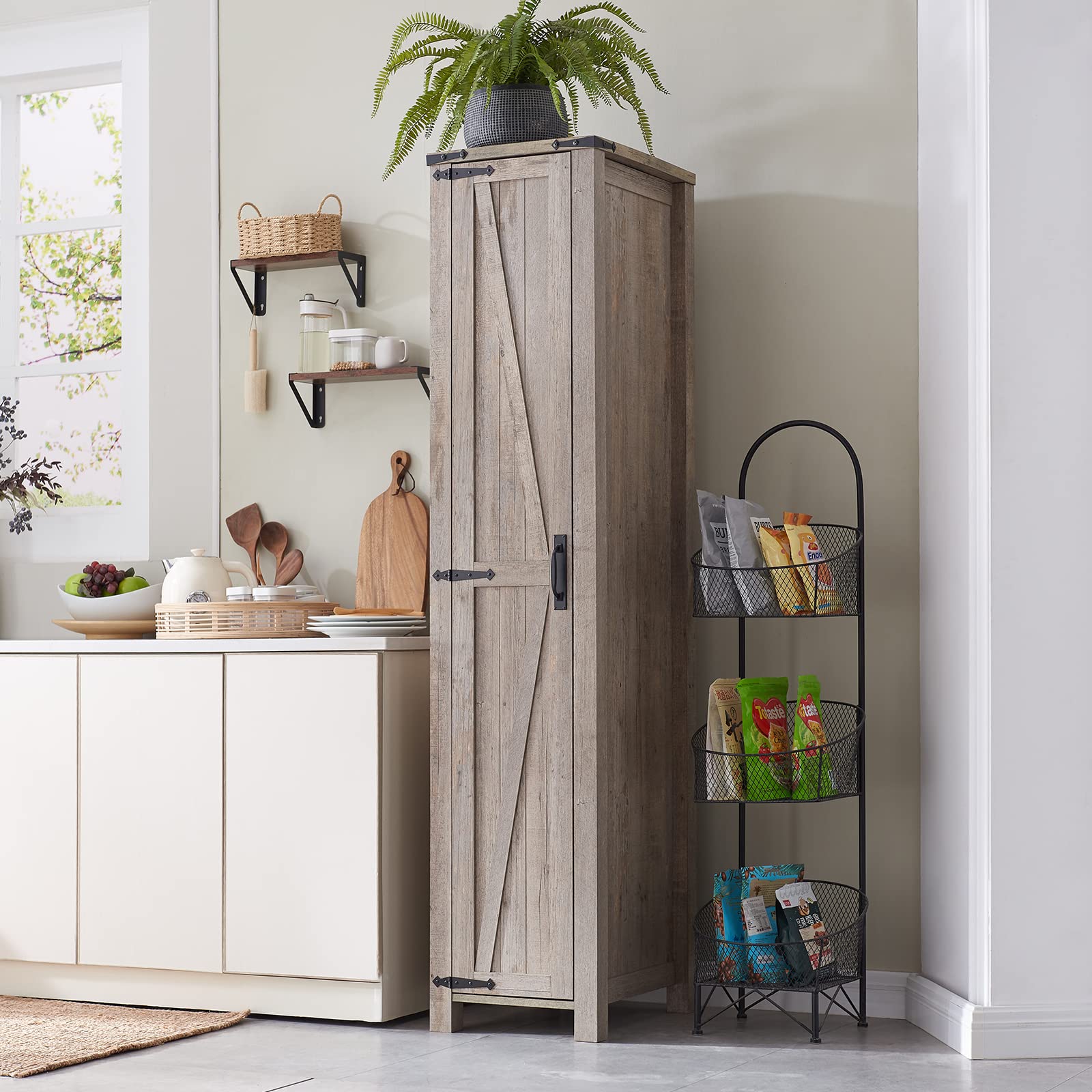 OKD Storage Cabinet, Farmhouse Bathroom Organizer w/Adjustable Shelves, Narrow Kitchen Pantry w/Barn Door, Versatile Storage w/Hanging Rod for Home, Laundry, Utility Room, Light Rustic Oak