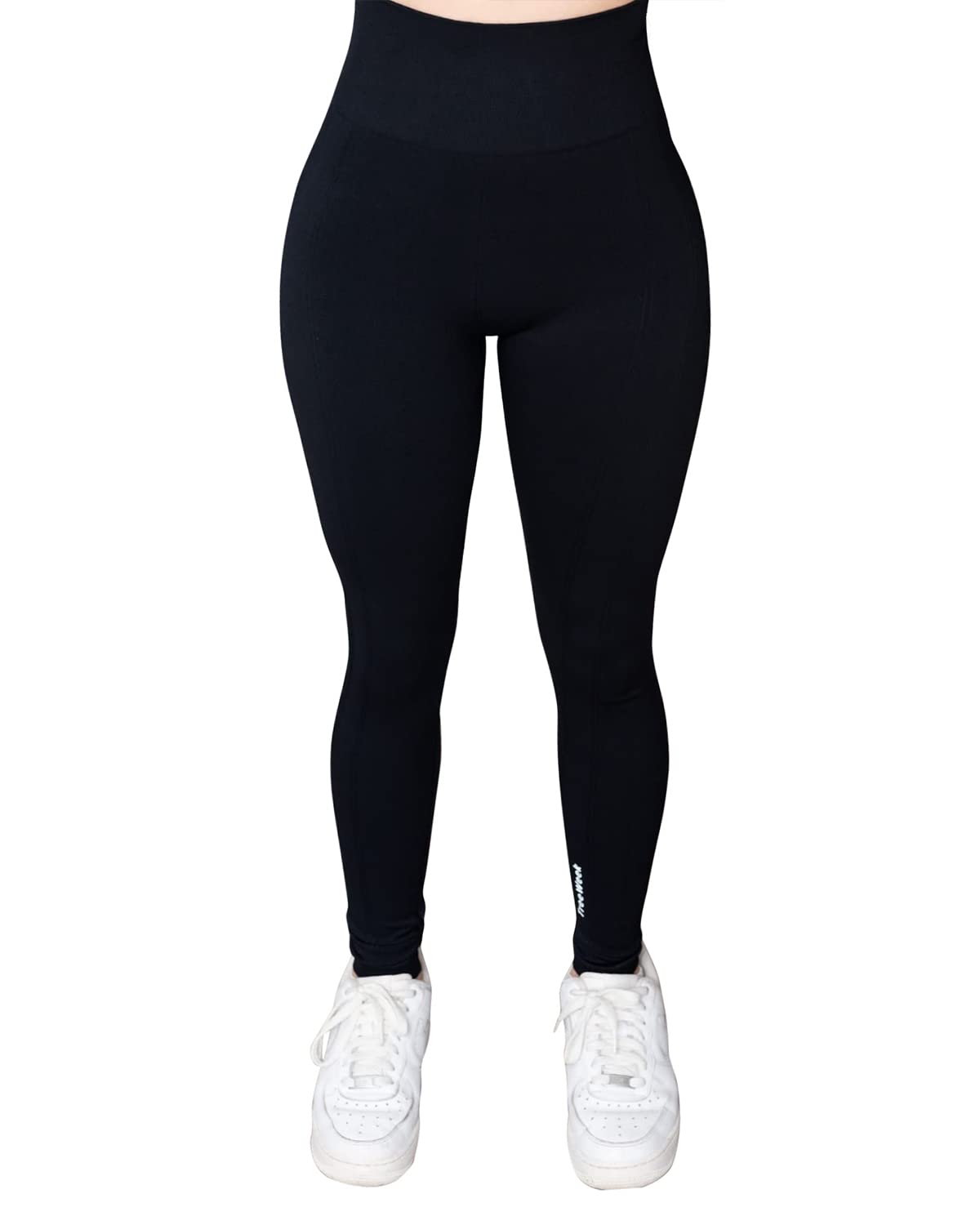 TreeWeek Women's Seamless Yoga Leggings High Waist Running Workout Rib Elastane Pants(L,Black)