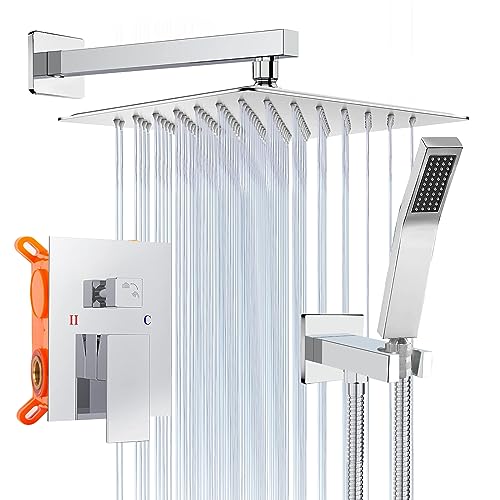 Shower Faucet Set, 10 Inches Rainfall Shower System with High Pressure Rain Shower Head with Handheld, Square Shower Faucet Wall Mounted Bathroom Luxury Rain Mixer Shower Complete Combo Set