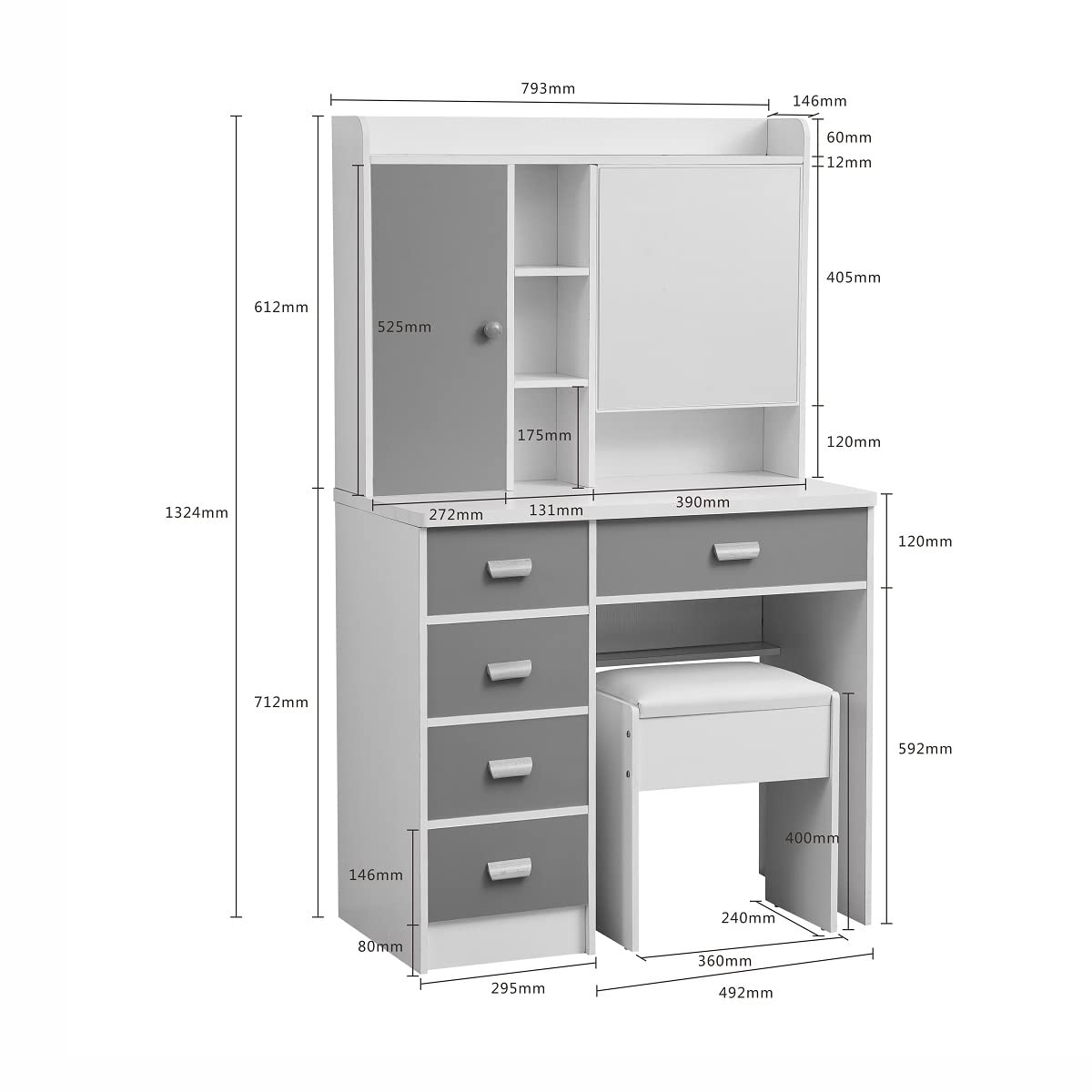 meolanov Modern Makeup Table with Mirror and Cushioned Stool, Dressing Table with Hidden Shelves, 5 Drawers, Bedroom Dressing Table,Vanity Stool for Women, Girl’s Room