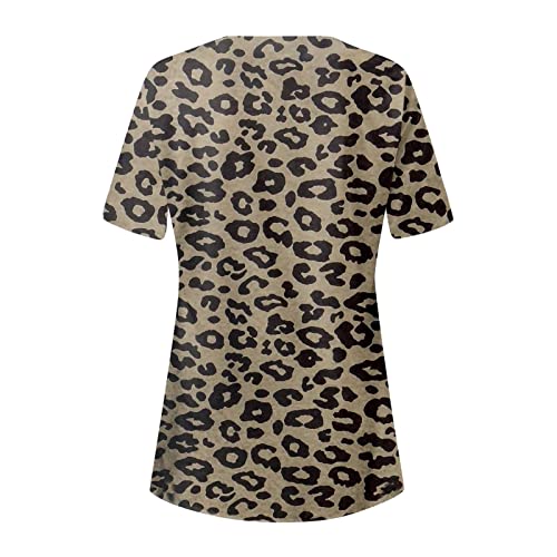 Xipoxipdo Women's Casual Tops Short Sleeved Shirts Round Neck Print Button Side Tops Summer Women Tee (Khaki, L)