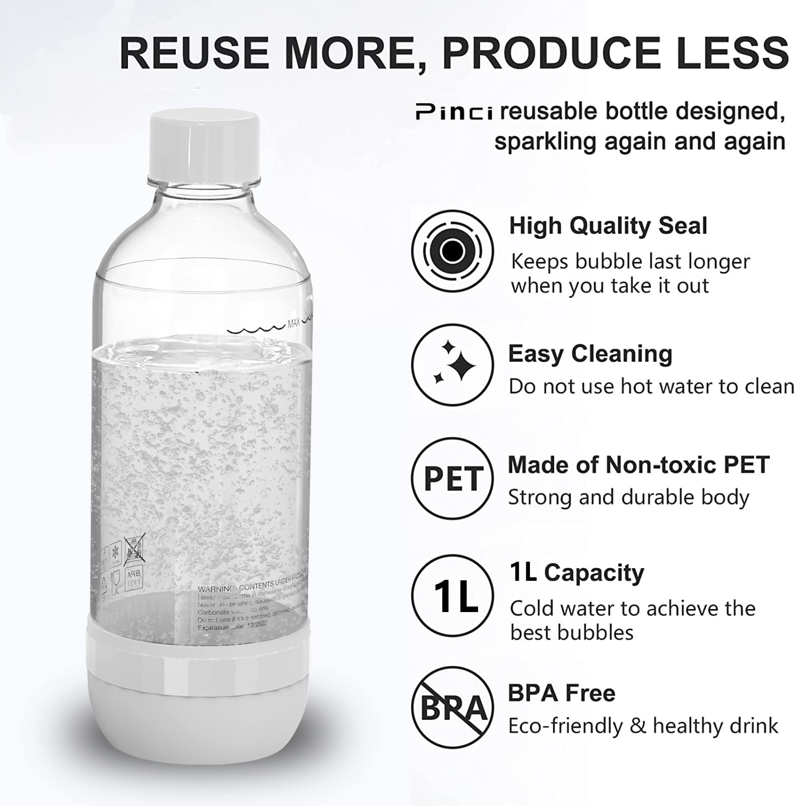 pinci Sparkling Water Bottle,Carbonating Bottle,Soda Maker Bottles Compatible for Soda Stream,BPA Free Reusable Bottle(2 Pack 1-Liter)