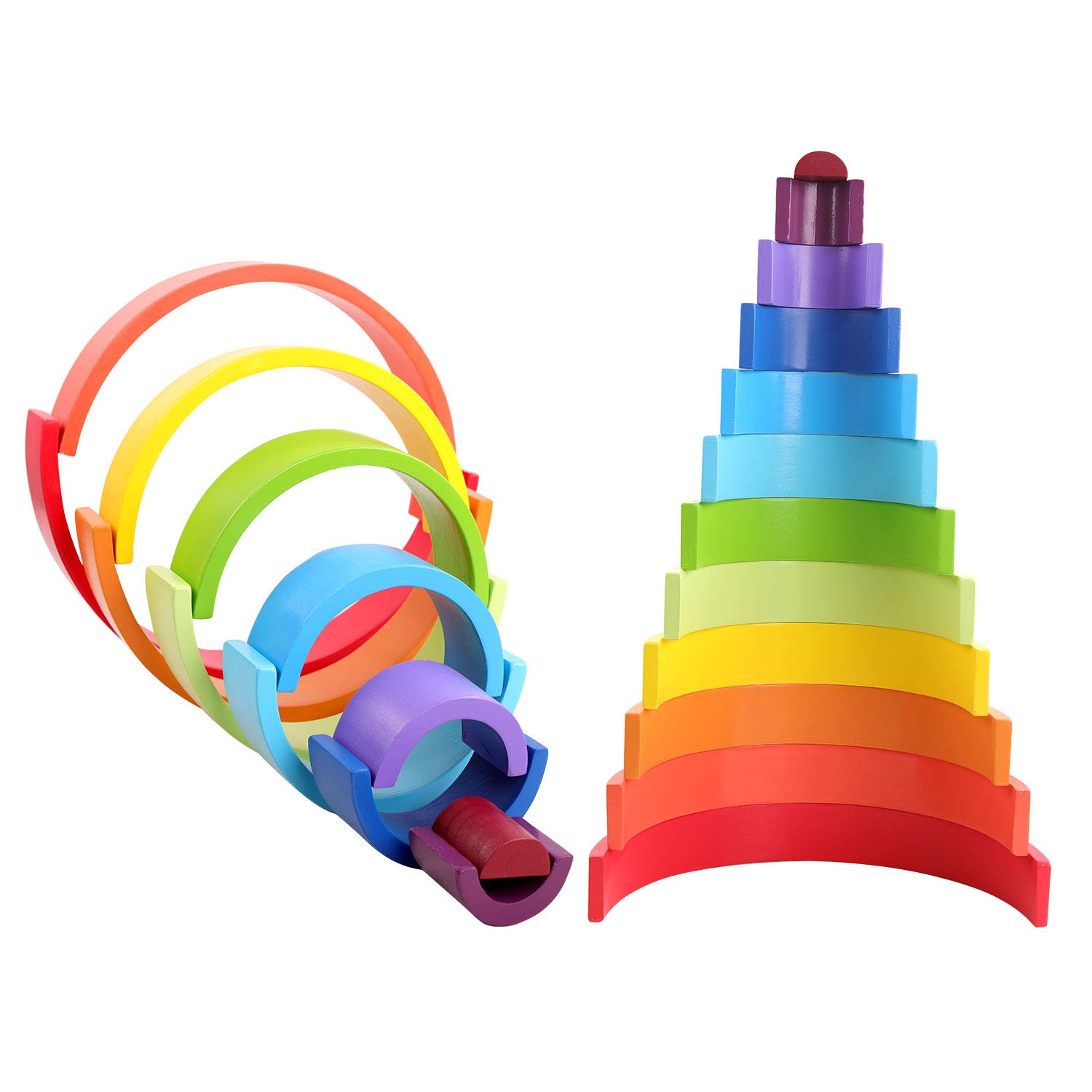 QZMTOY Wooden Rainbow Stacker, Extra Large 12 Pcs Stacking Game, Nesting Puzzles Building Blocks Educational Toys, Shape Matching Learning Toy Set, Early Development Gift for Toddler Kids
