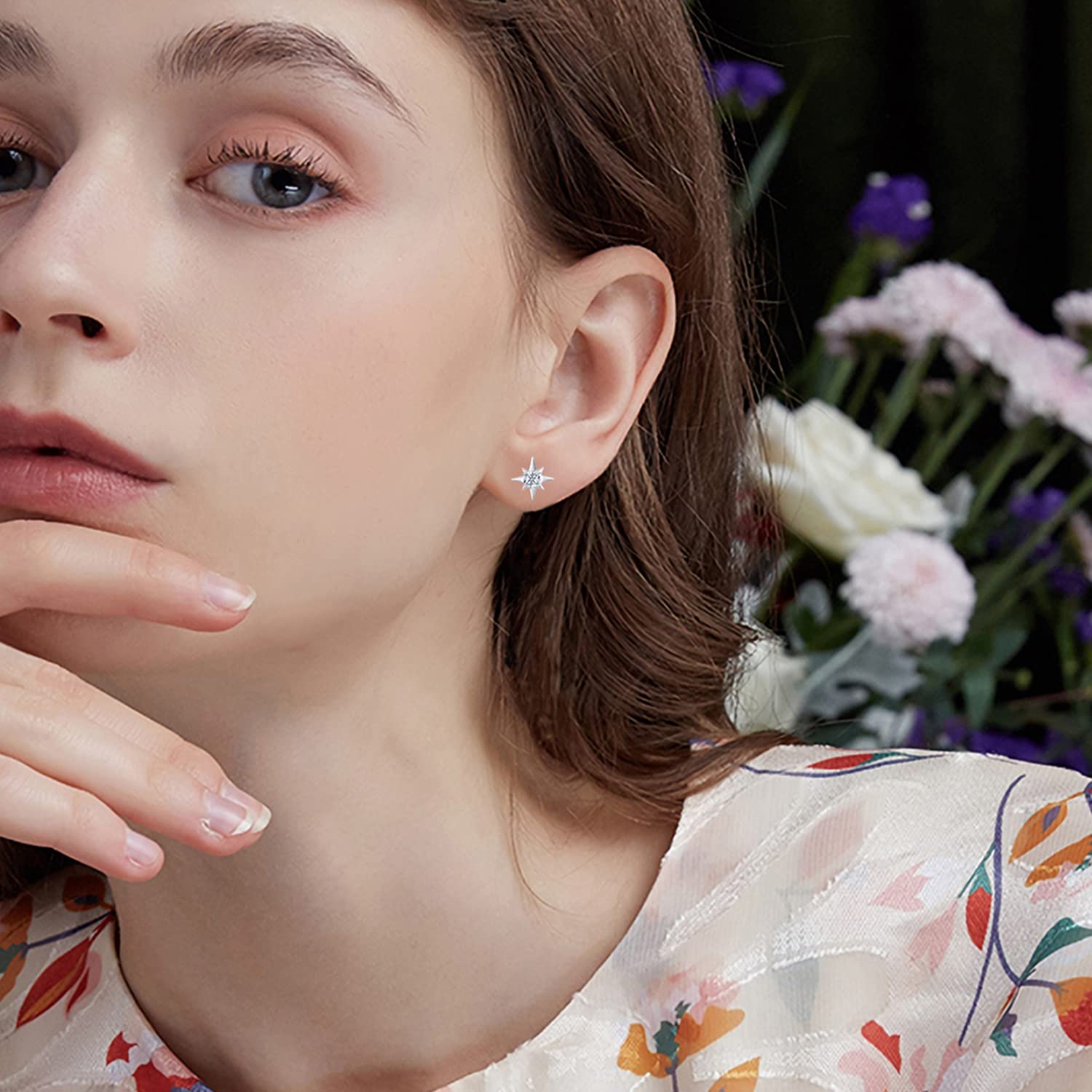 Solid 14k Yellow Gold Moon and North Star Earrings, Real Gold Stud Earring for Women