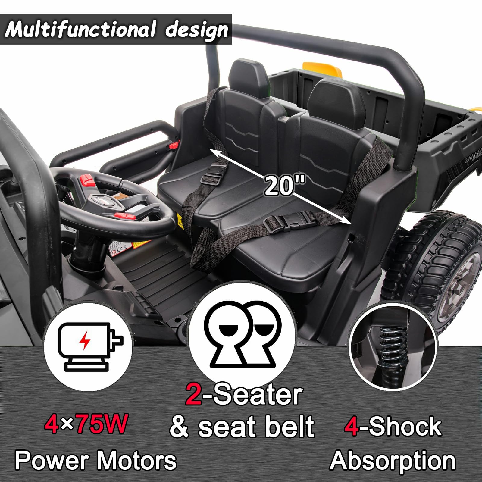 Sopbost 24V Ride On Truck Car UTV Dump Bed/Shovel 2 Seater, 2x200W Motor Remote Control Electric Vehicle with EVA Rubber Tires for Boys Girls (Black)