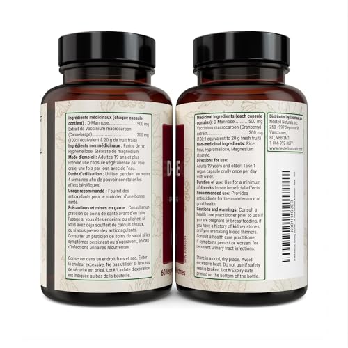 Nested Naturals D-Mannose 500mg Caspules with Cranberry Extract, D Mannose Cranberry Pills, Urinary & Bladder Support, 60 Vegan Capsules