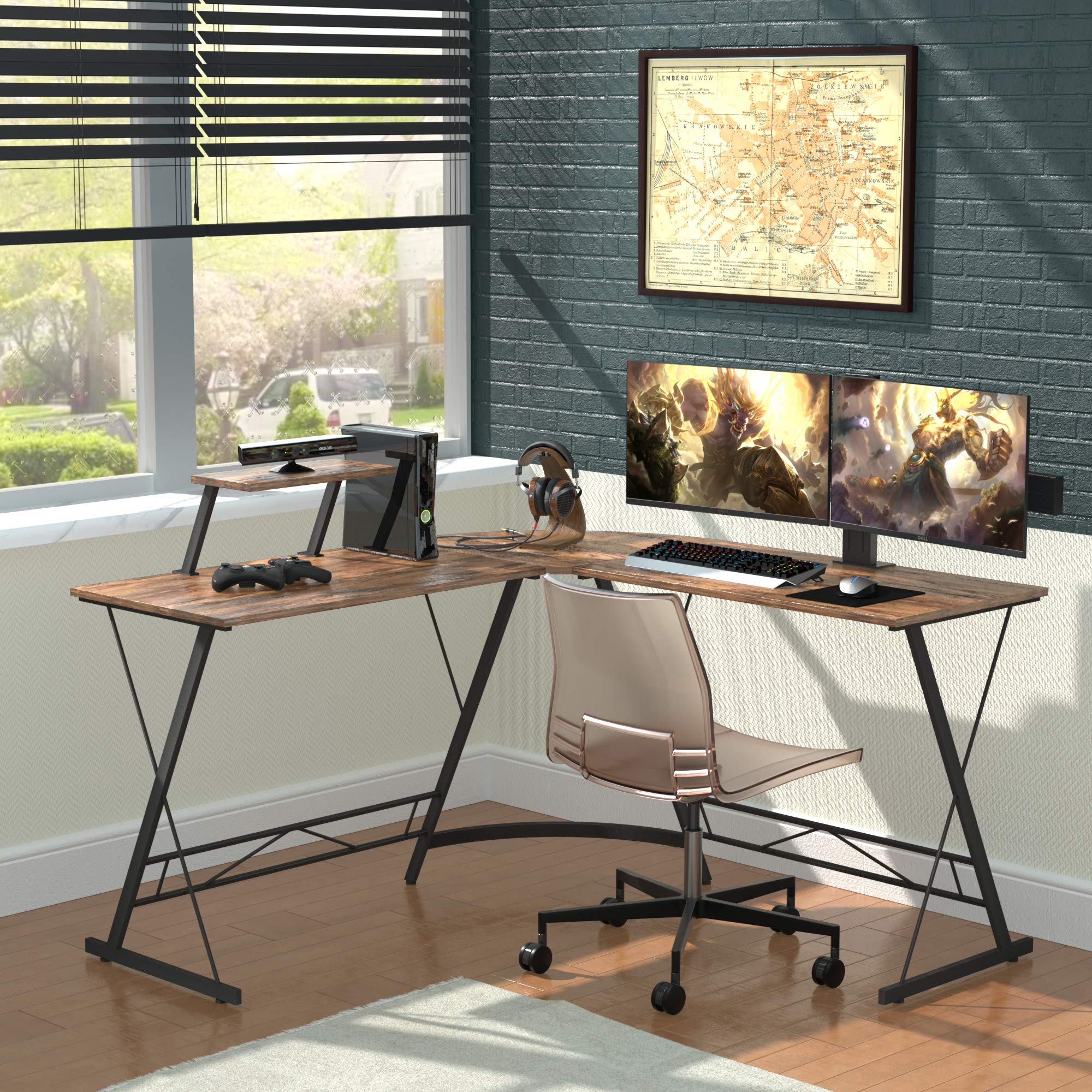 OTK L Shaped Desk with Round Corner, 51" L Shaped Gaming Desk, Corner Computer Desk Table with Large Monitor Stand for Home Office, Sturdy Writing Workstation, Relic
