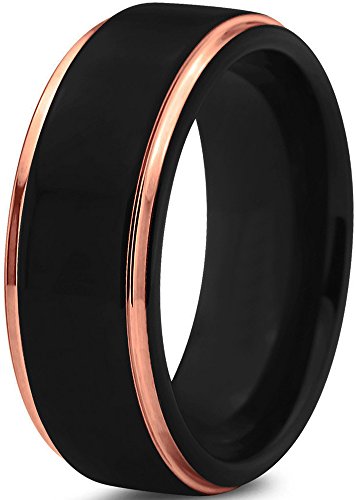 Midnight Rose Collection Tungsten Wedding Band Ring 8mm for Men Women 18k Rose Gold Plated Step Edge Black Brushed Polished Size 9