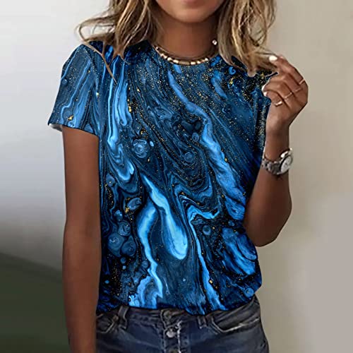 Womens Spring Summer Flower Printed Short Sleeve O Neck T Shirt Top Dark Blue