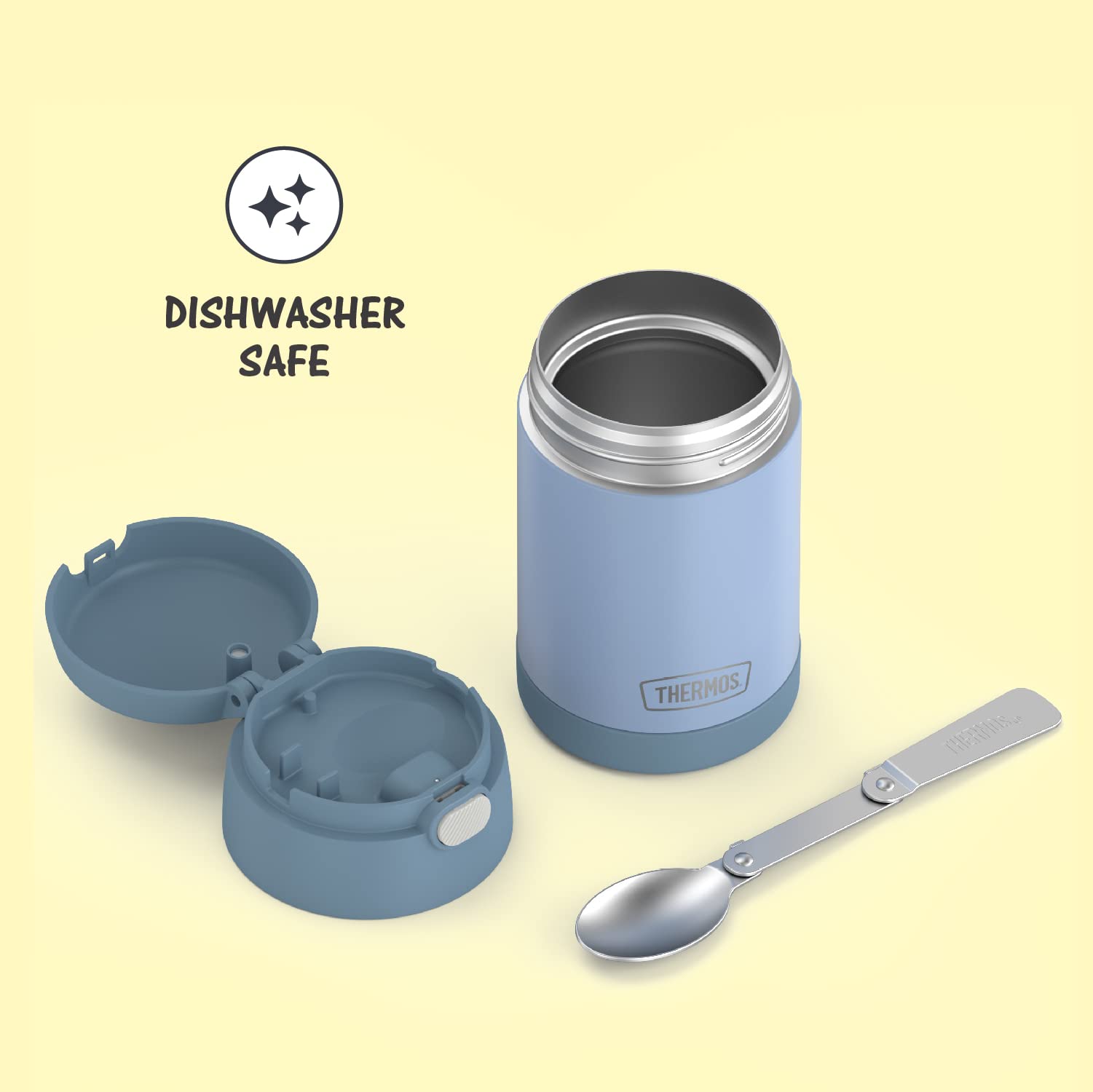 THERMOS FUNTAINER 16 Ounce Stainless Steel Vacuum Insulated Food Jar with Folding Spoon, Denim Blue