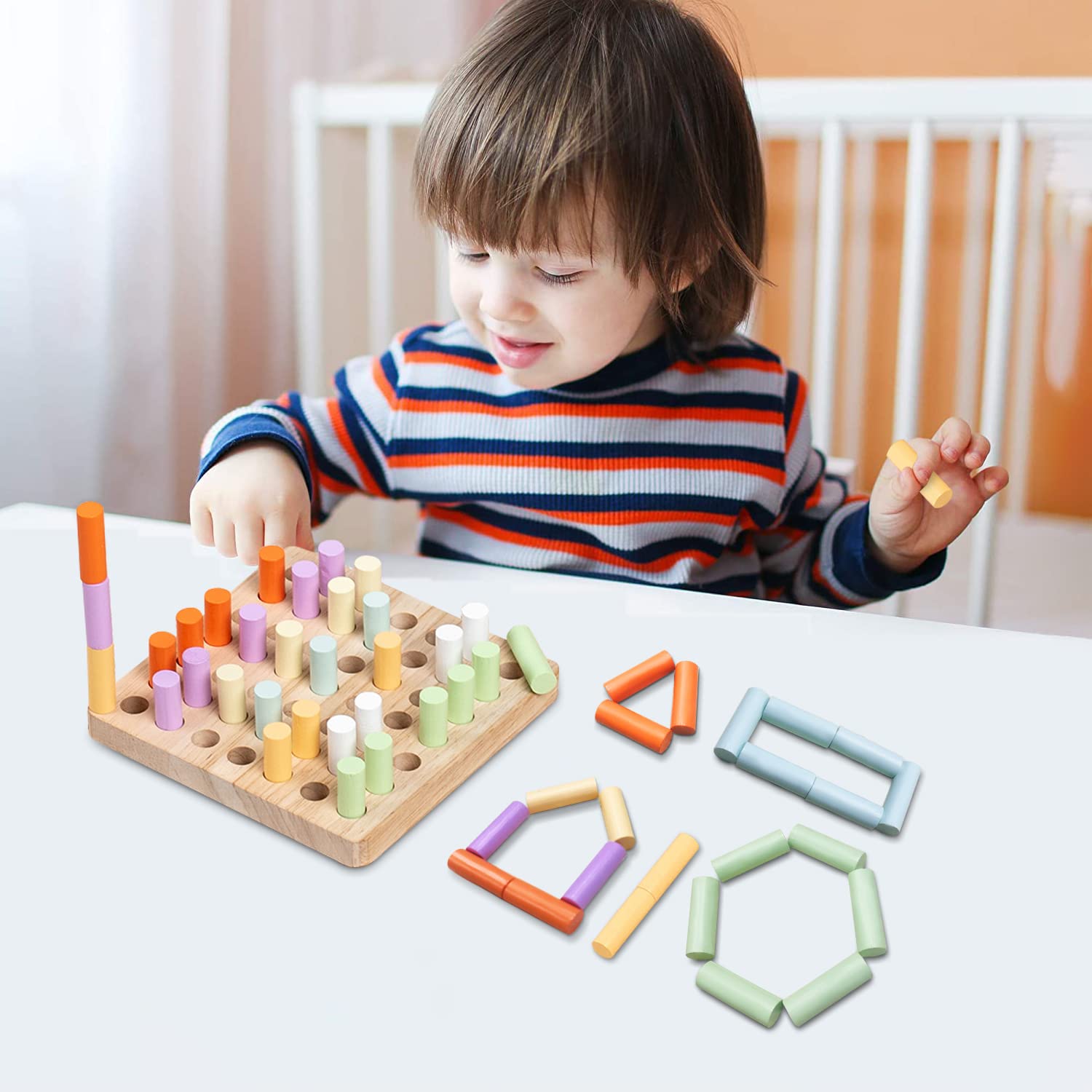 Wooden Pegboard for Toddlers, Montessori Education Toys Sorter & Stacking Toys for Boys Girls, Fine Motor Skill Toys, Hand-Eye Coordination Wooden Stick Toys for Age 3,4,5,6,7