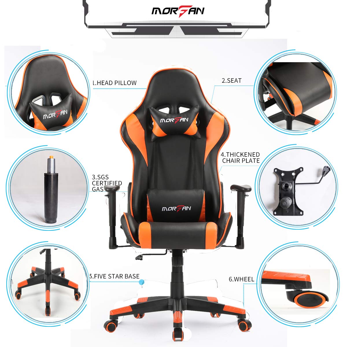 Morfan Gaming Chair New Size with Massage and Rocking Function Computer Office Racing Chair (Orange)