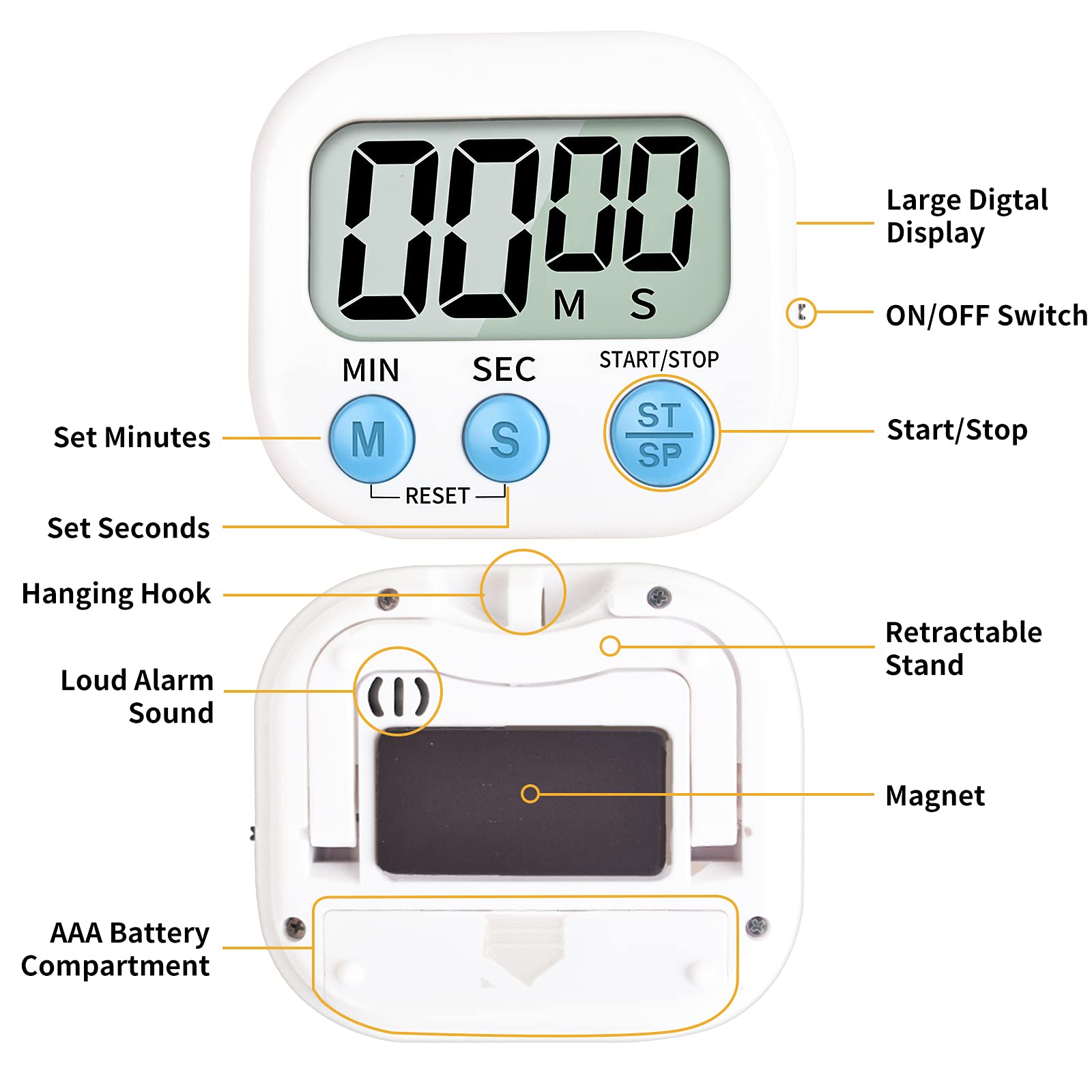 Timer for Kids,Oversized Display,Kitchen Timer Digital,Magnetic Back,Loud Ring,Stand for Cooking,Classroom,Bathroom,Teachers,Kids(White)