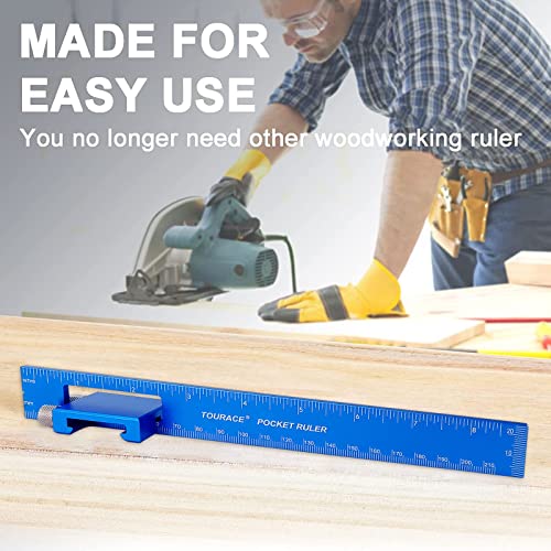 TOURACE Aluminum Woodworking Rulers with Slide Stop (3 Pcs) Precision Pocket Ruler Metal T Track Ruler, Square Ruler Inch and Metric Marking Measuring Scribing Ruler