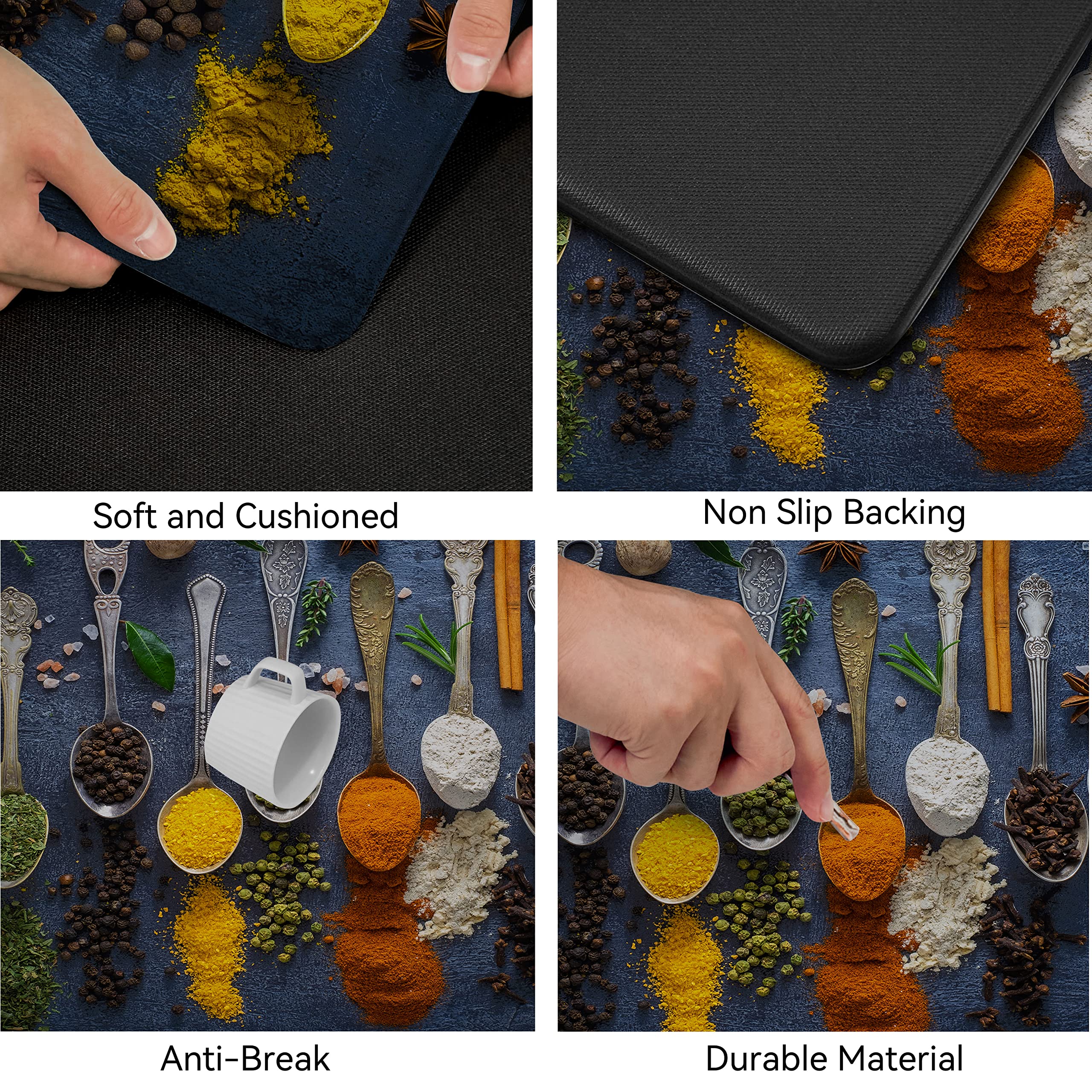 Spice Cooking Kitchen Mat Set 2 Pieces Artistic Colorful Kitchen Rug Farmhouse Non Slip Anti Fatigue Kitchen Rugs Comfort Standing Mats Runner Carpet for Sink, 17.3" x 28" + 17.3" x 47"