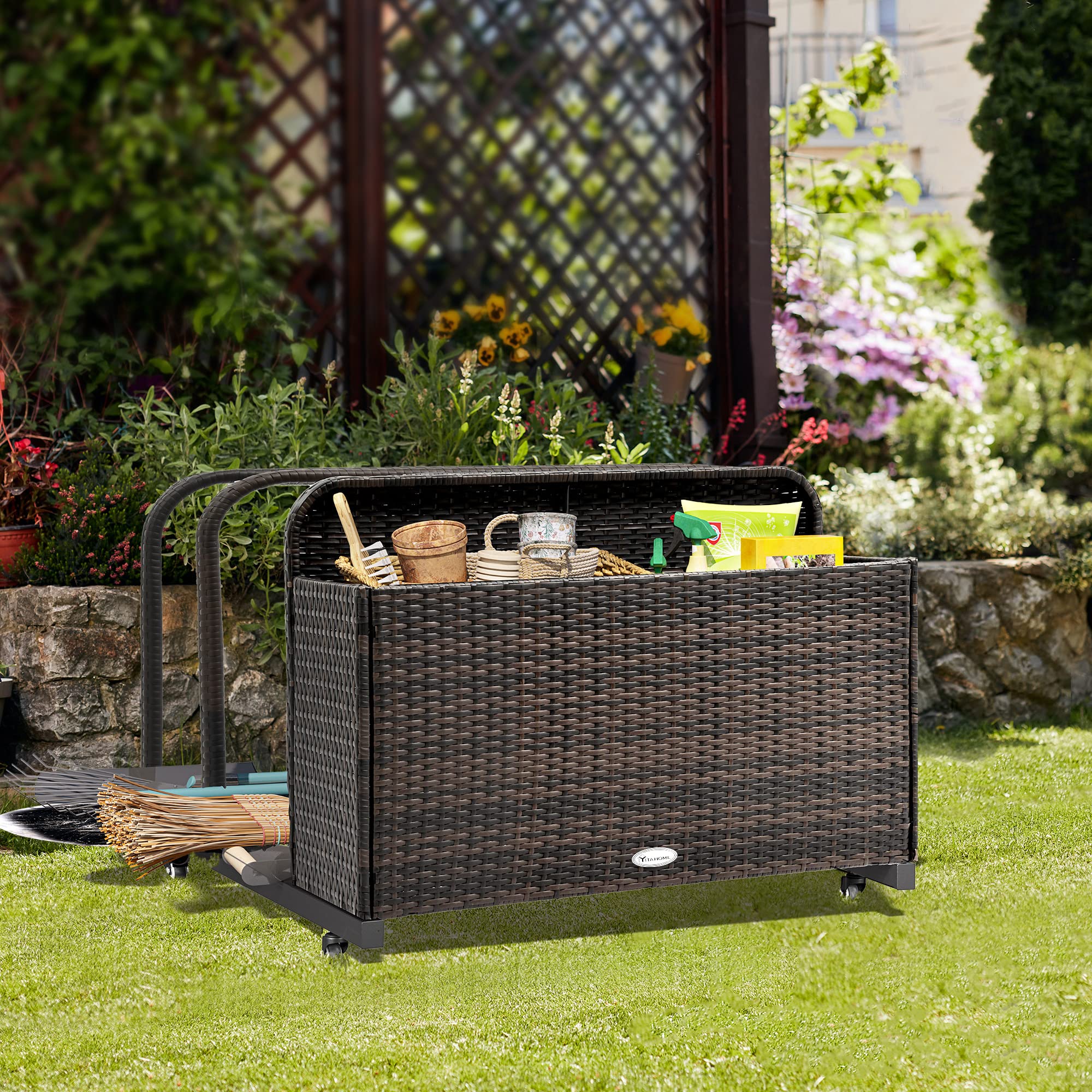 YITAHOME Outdoor Wicker Patio Poolside Float Storage, PE Rattan Rolling Pool Float Caddy for cushions, Floaties, Noodles, Life Vests, Beach Balls, Toys, Patio Furniture (Brown)