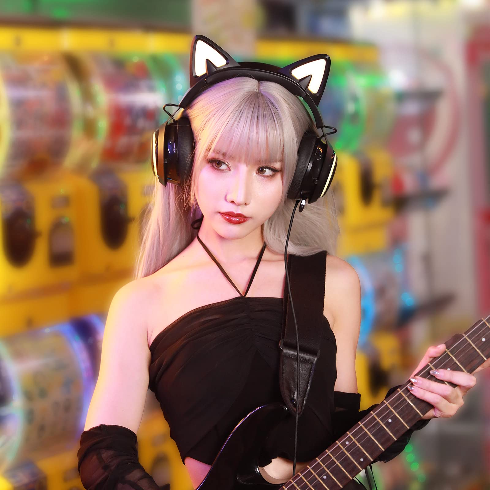 SOMIC GS510 Gaming Headset, Cat Ear Headset PC Gaming Headphones with Retractable Mic Noise Cancelling, Stereo Sound, DIY Face Covers for PC, PS4, PS5,Xbox One(Only White LED Light)