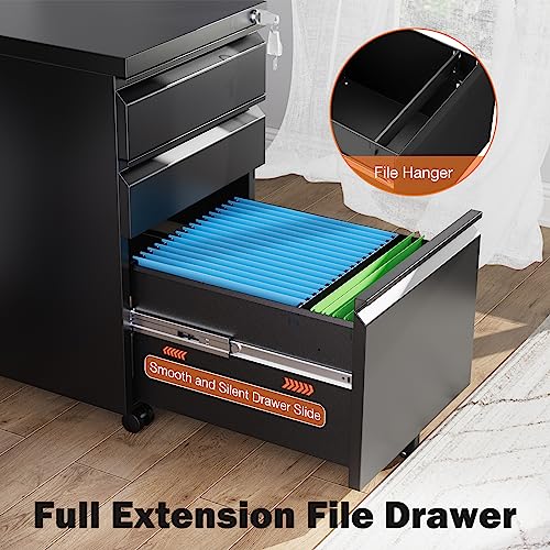 Sweetcrispy File Cabinet - 3 Drawer File Cabinet with Lock, Mobile Rolling File Cabinet, Under Desk File Cabinet with Pre-Assembled, Metal Small File Cabinet for Home Office