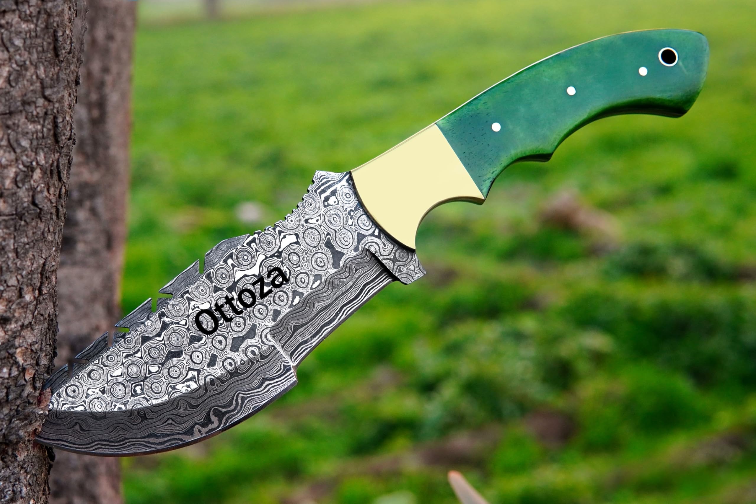 Ottoza Tracker Knife & Bone Handle - Damascus Hunting Knife - Horizontal Carry Knife Sheath 196