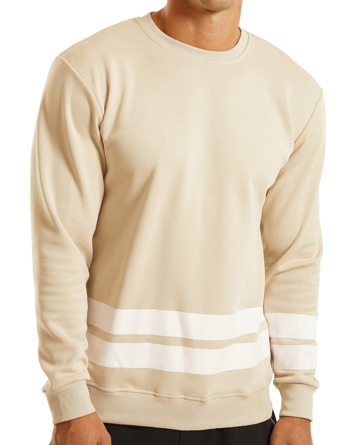 Ouber Men's Pullover Sweatshirt Long Sleeve Crewneck Trendy Stripe Print (XL,Kahki)