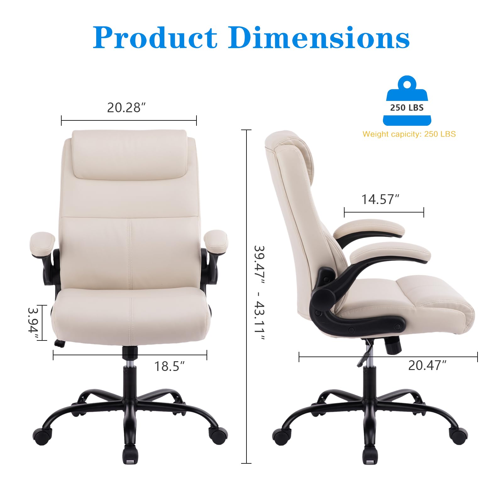 NEWBULIG Ergonomic PU Leather Desk Mid Back Computer Flip Up Armrests Height Adjustable Executive Office Lumbar Support Swivel Task Chair, 20" D x 20" W x 43" H, White