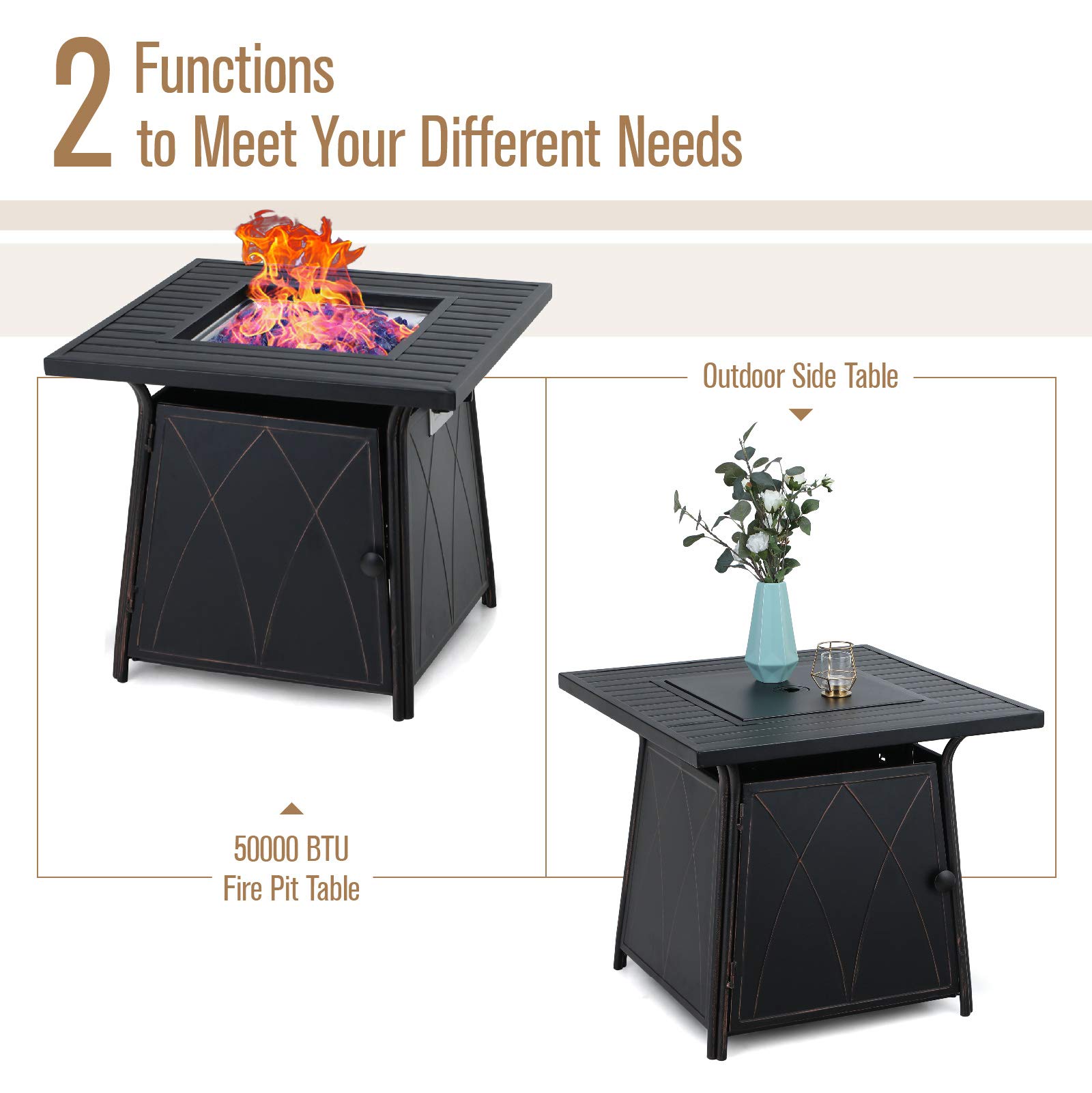 MFSTUDIO 5 Pieces Patio Conversation Sets,Outdoor Metal Furniture Sofas with 1 x 28 50,000 BTU Square Propane Fire Table and 4 x Wrought Iron Frame Rocking Chairs with Beige Cushion