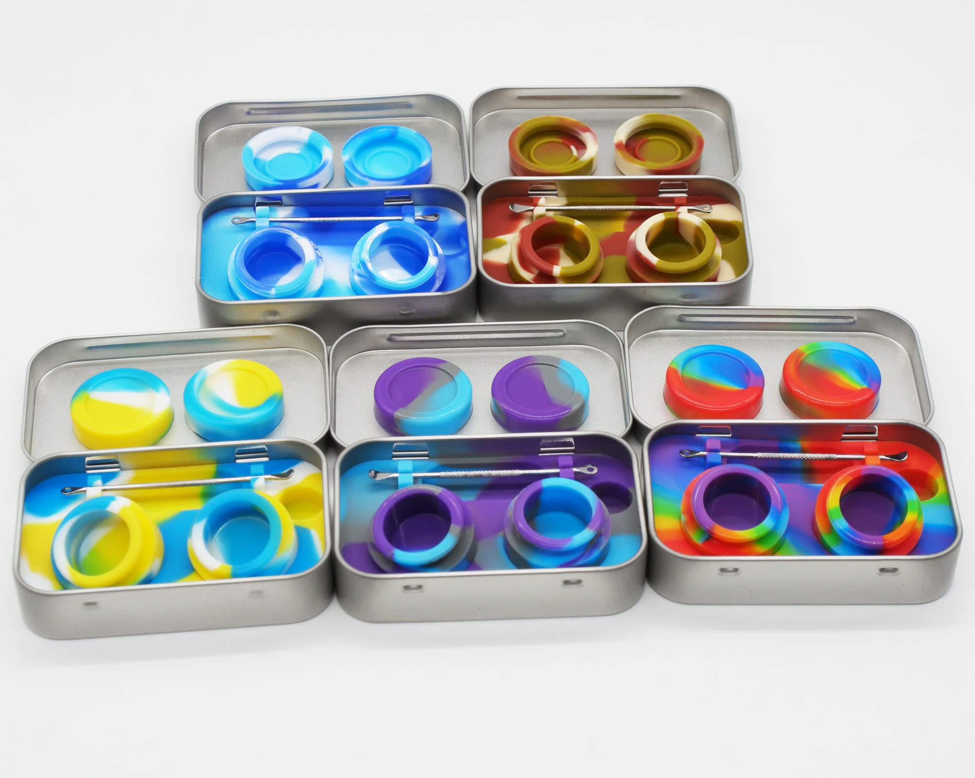 vitakiwi Portable 5ml Wax Silicone Containers Jars Non-stick with Stainless Steel Spoon and Tin Carrying Box, Multi-color (Set of 5)