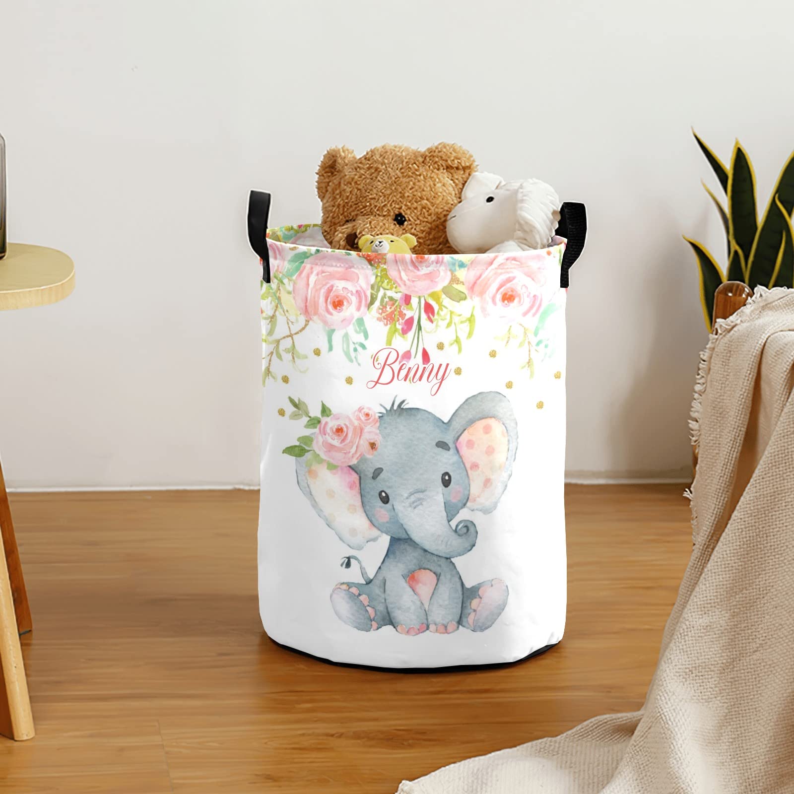 Pink Flower Elephant Personalized Laundry Hamper,Custom Name Collapsible Waterproof Laundry Basket Storage Bins with Handle for Clothes,Toy,Nursery