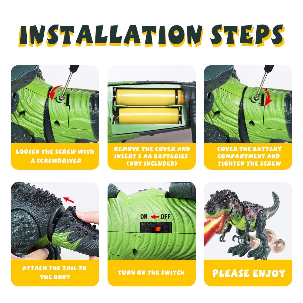 WESPREX Remote Control Dinosaur Toy: Walking T-Rex, Flame Spray, Laying Eggs, Light-Up Eyes, Roaring Sound, 6 Pull Back Cars - for Ages 3+