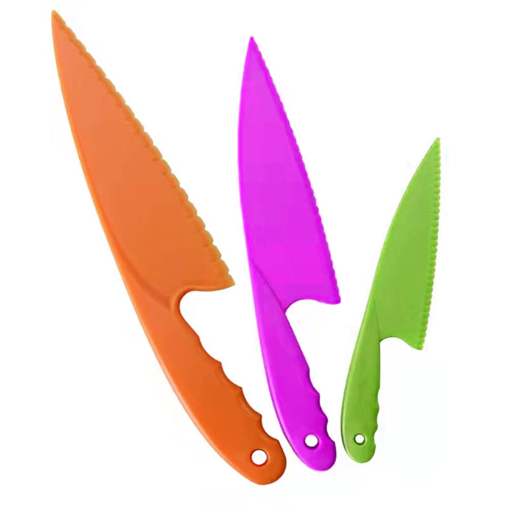 Xaocaige Plastic cake Knife, Children's Kitchen Safety Knife 3 piece set Nylon, Children's cooking knife 3 sizes and colors for cooking and cutting pastries, cake,breads, fruits, vegetables.