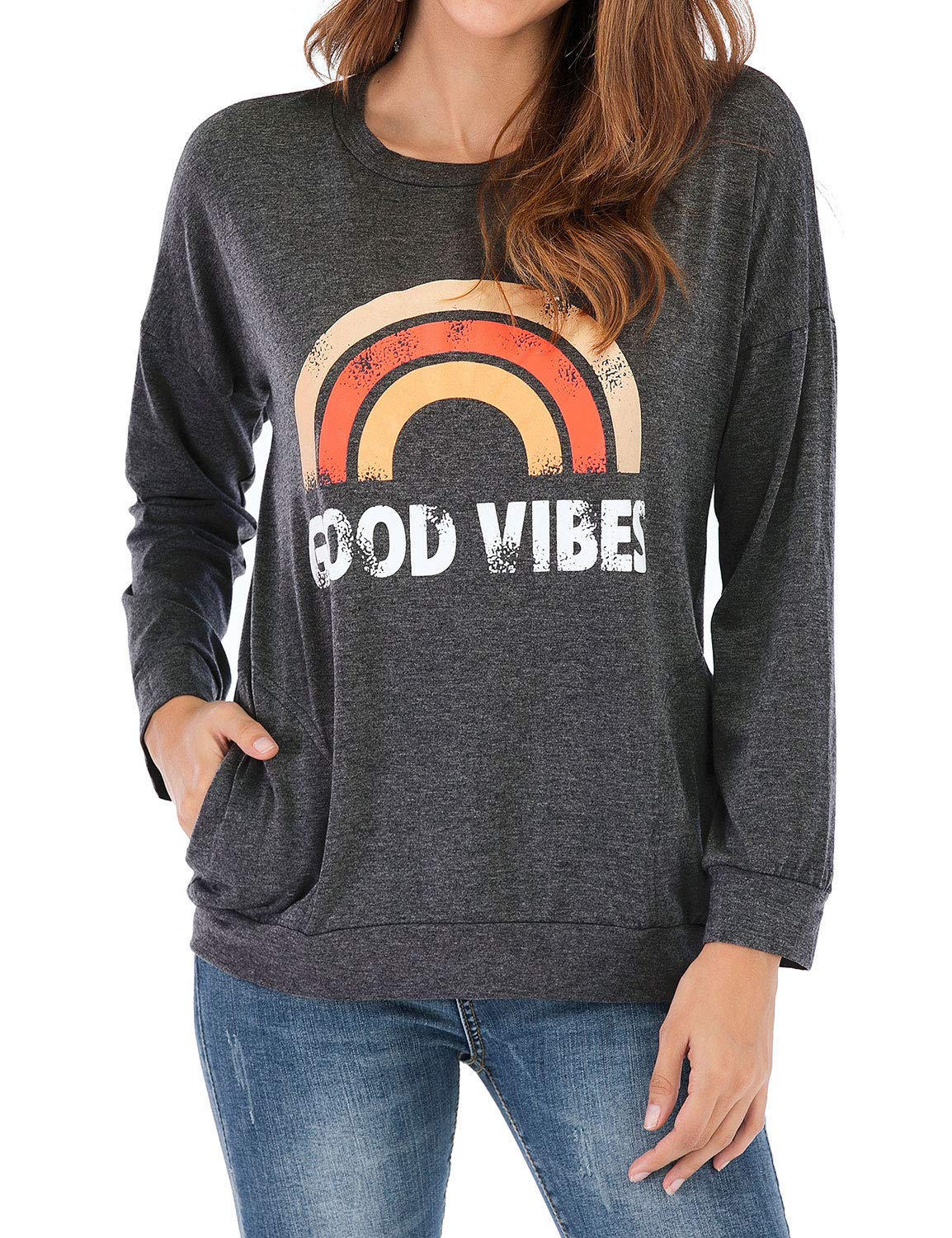 OUNAR Women Good Vibes Loose Fit Sweatshirt Rainbow Graphic Casual Long Sleeve Tops Shirts