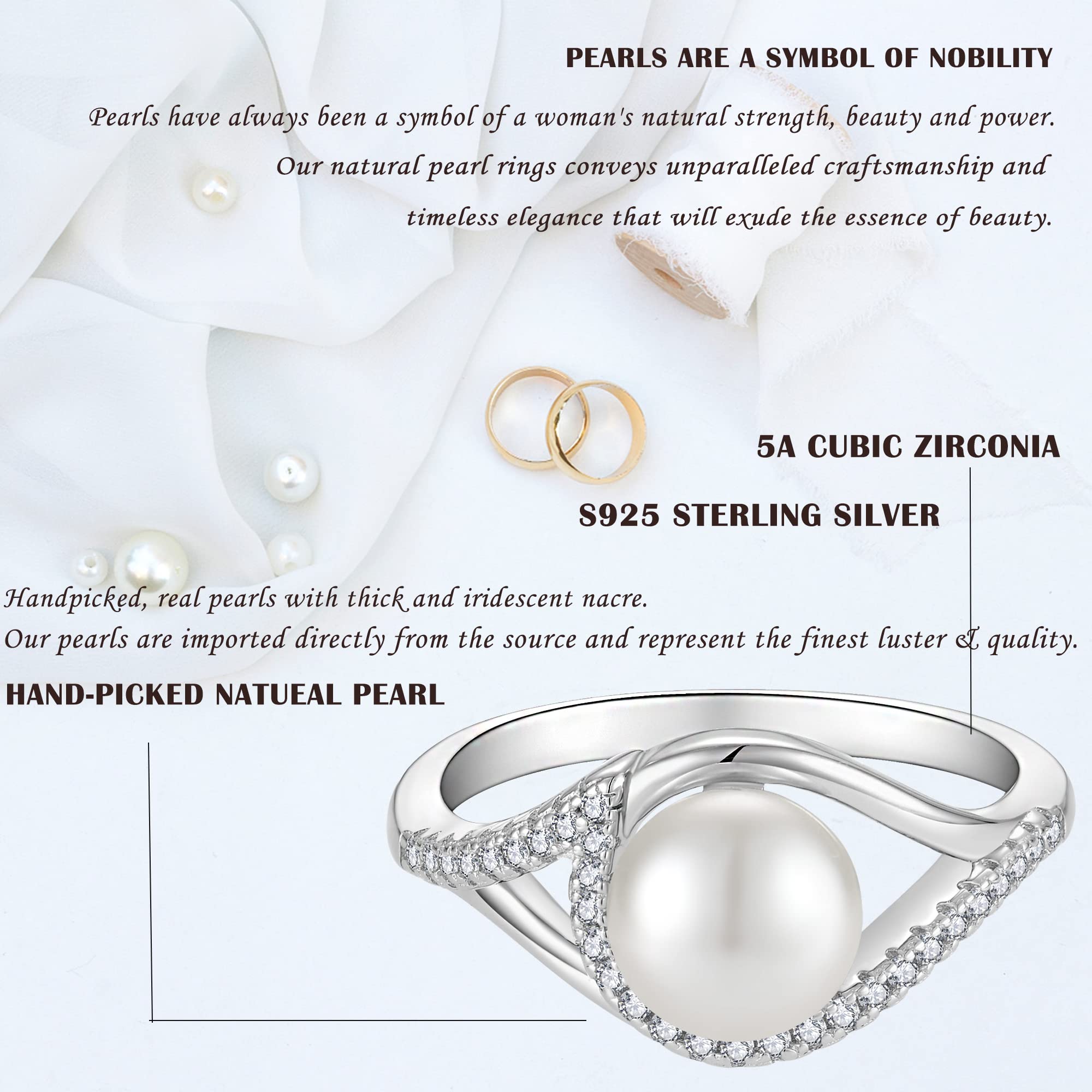 STARCHENIE Pearl Ring for Women with 8mm Cultured Freshwater Pearl Ring Sterling Silver for Women size6