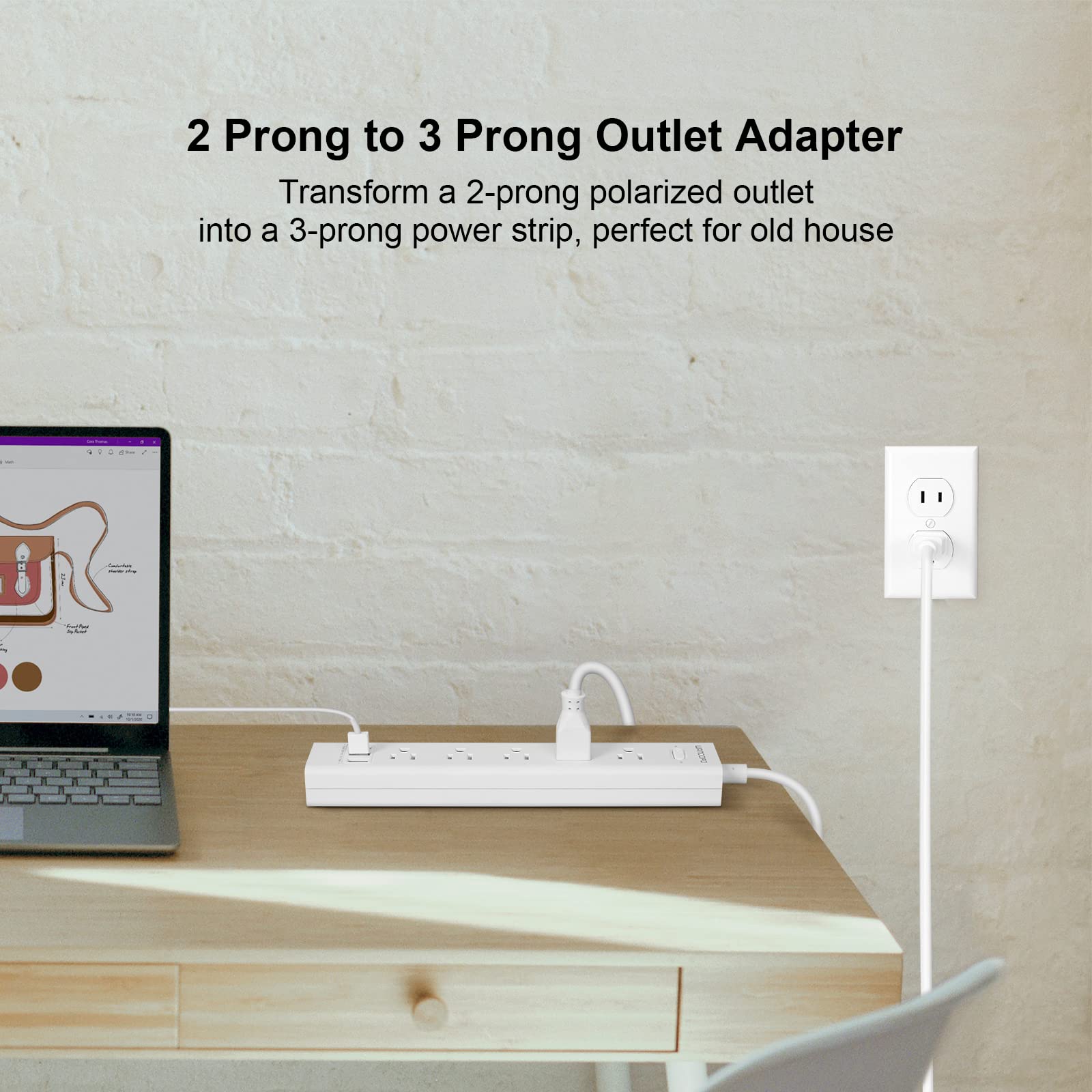 WANDOFO 2 Prong Power Strip, 5 FT Extension Cord Surge Protector, 5 Outlets and 3 USB, 13A/1625W, Polarized Two Prong to Three Prong Outlet Adapter Converter, Wall Mount, White
