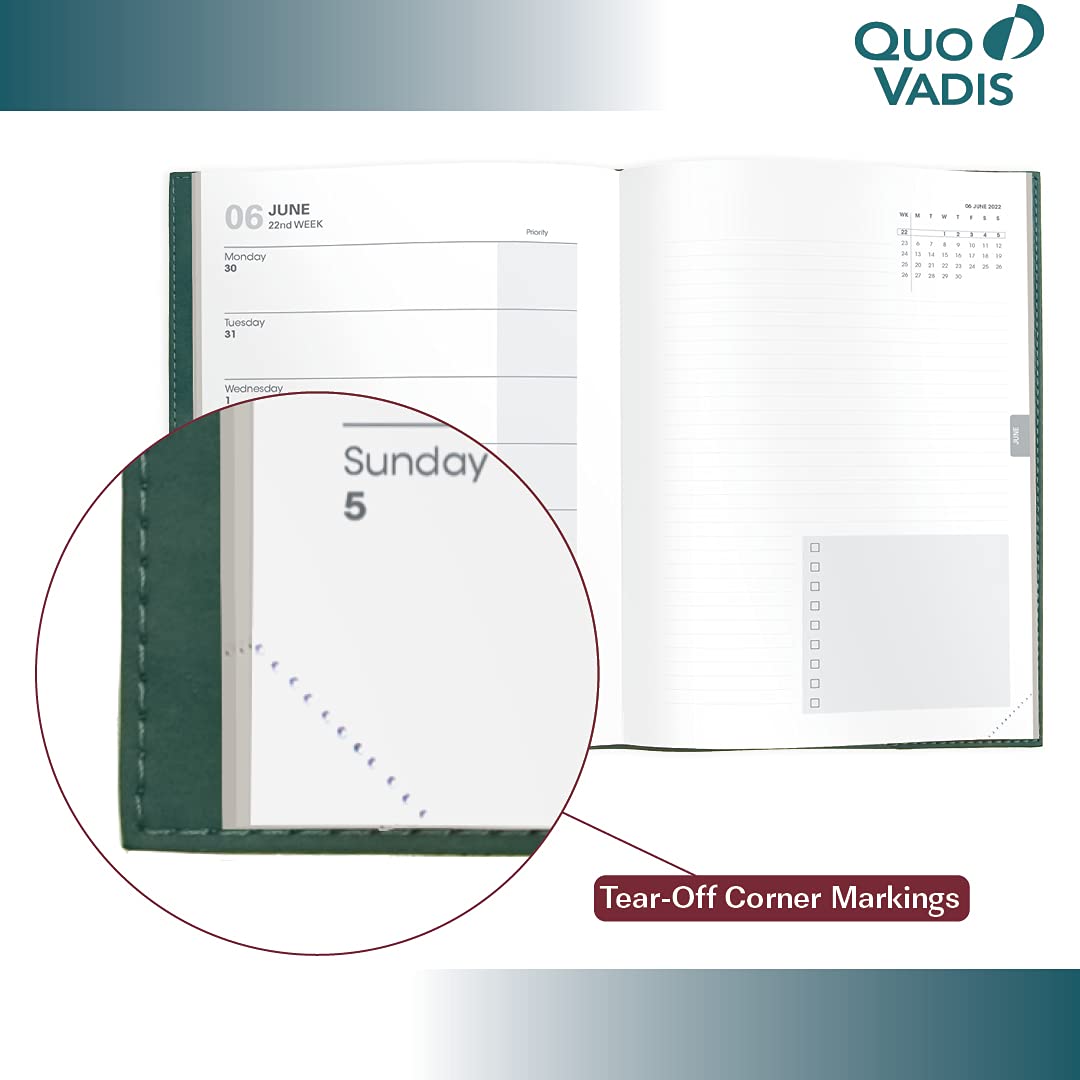 Quo Vadis 2023-2024 Note 21 Weekly Planner 17 Months, Aug. to Dec. 6" x 8 1/4" Smooth Faux Leather Billy Green - A Modern Design for Journaling and Detailed Planning