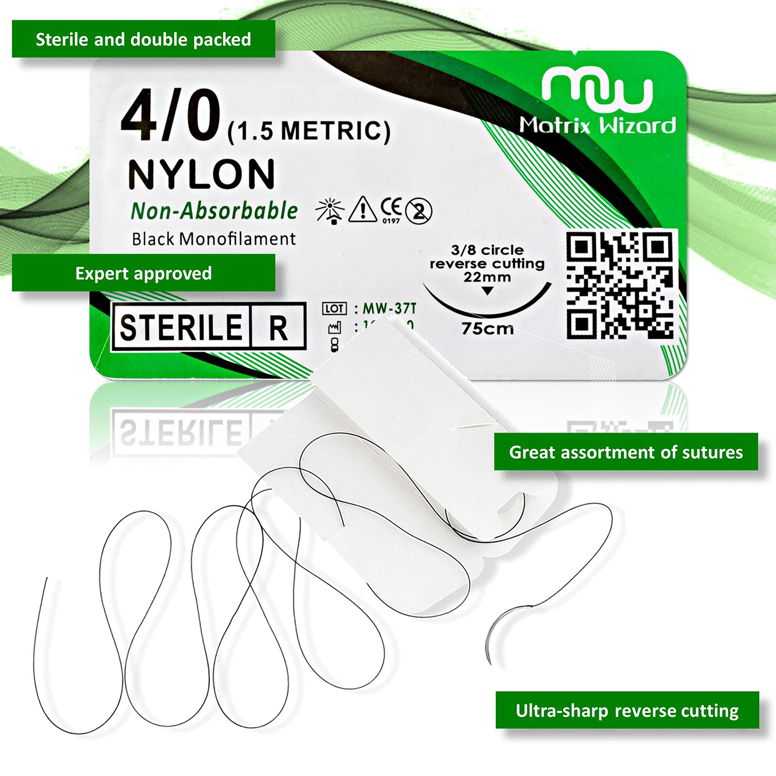 Mixed Sterile Sutures Thread with Needle 32PK (0, 2-0, 3-0, 4-0) Non-Absorbable - Surgical Emergency Practice, Medical, Nursing, EMT, PA, Dental, Veterinary Student's Hospital Training Kit, Taxidermy