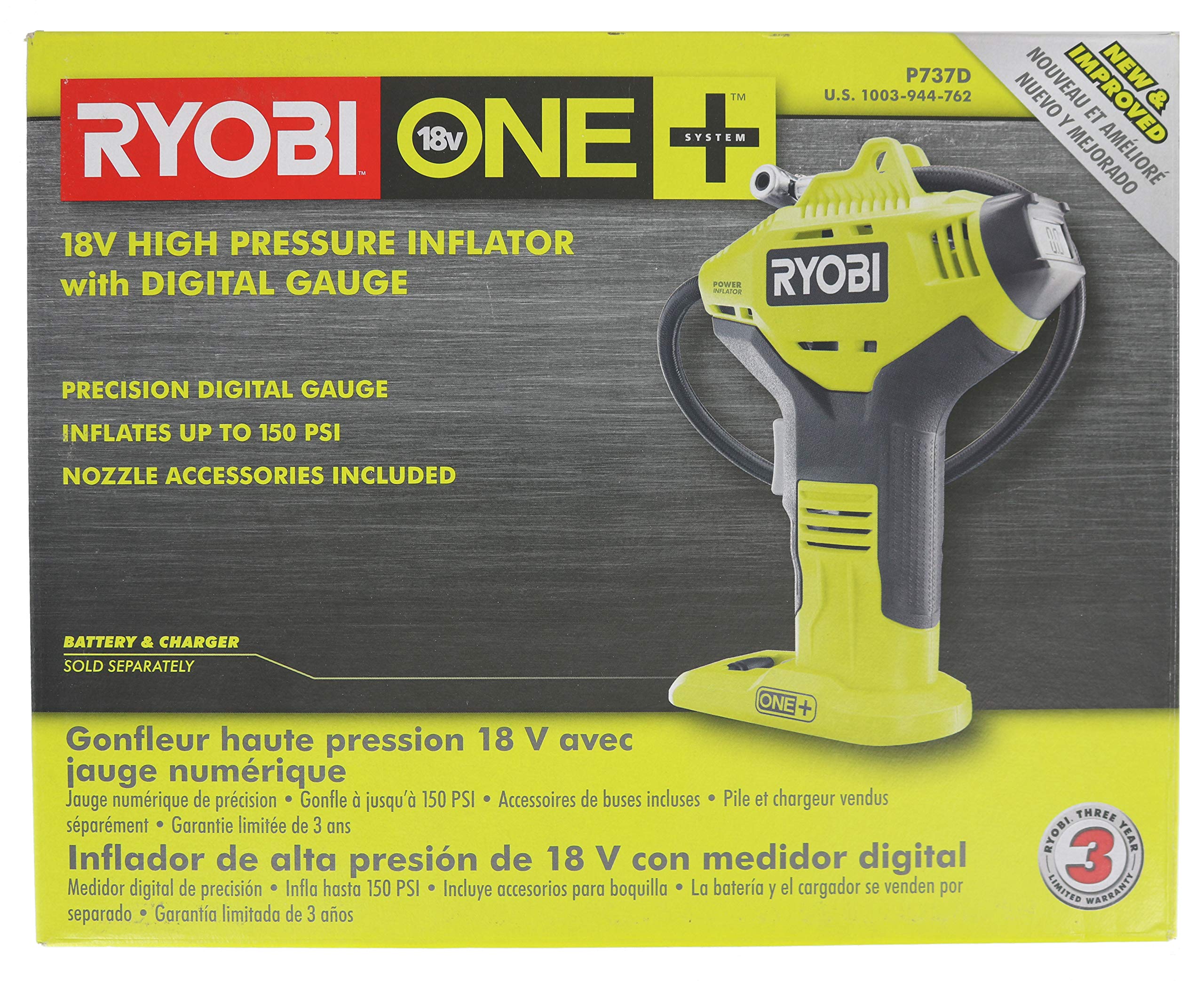 Portable Power Inflator for Tires [New Digital Gauge] [18-Volt] [Cordless] [ONE+ Battery System] [P737D] (Battery Not Included, Power Tool Only)