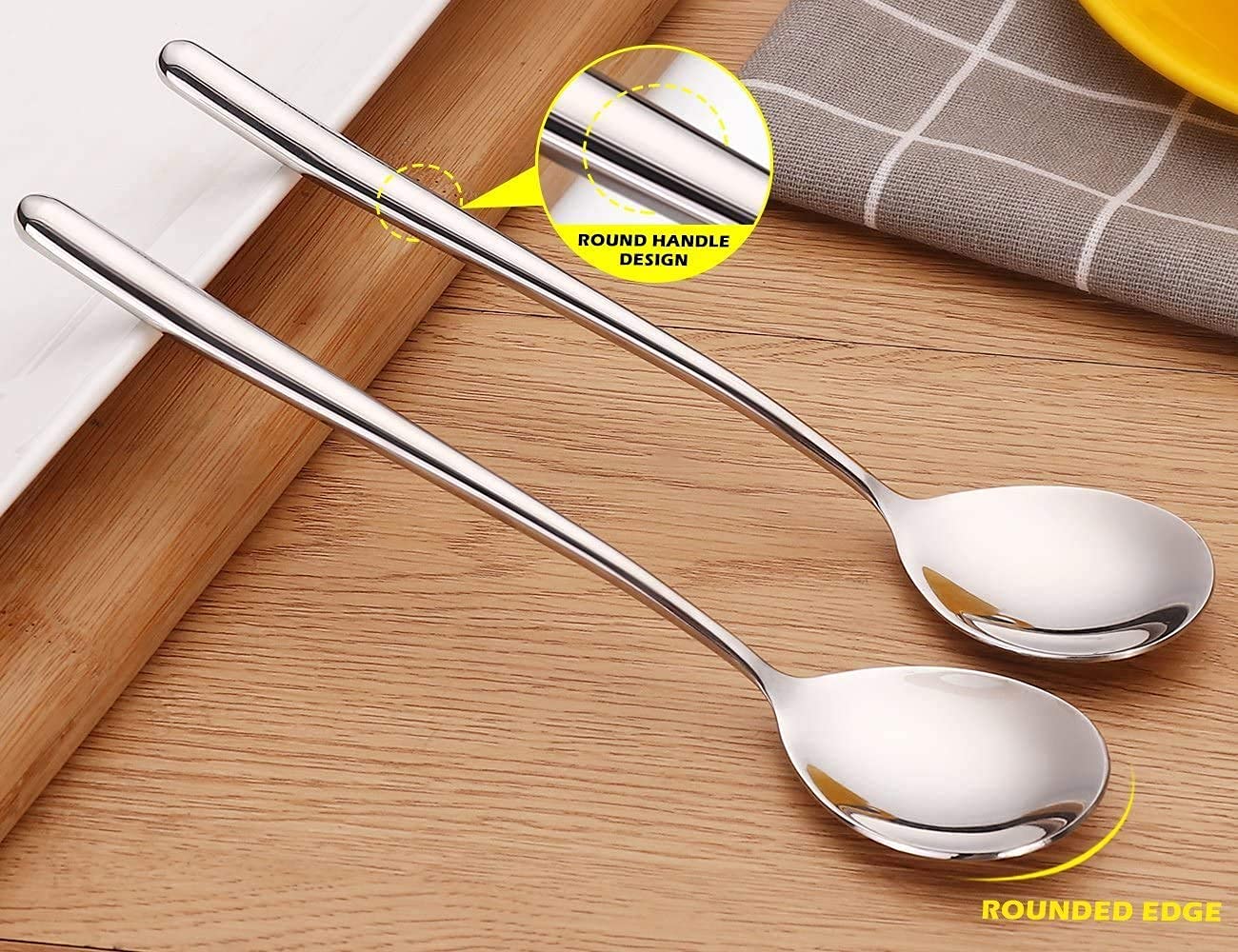 Stainless Steel Spoon,Long handle Great Circle Soup Spoons Korean Long Handled Soup Spoon,Stainless Steel Round handle Bar Spoons Silver Set of 4