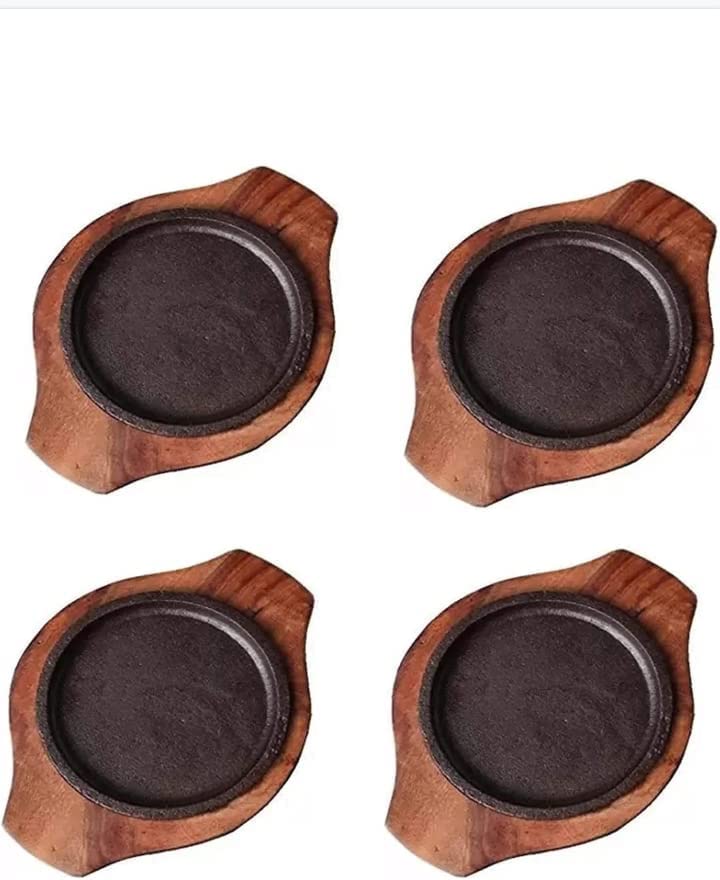 Tippan top Small Dessert Serving Plate Brownie Sizzler Tray with Wooden Base, 5 inch (4 Piece)