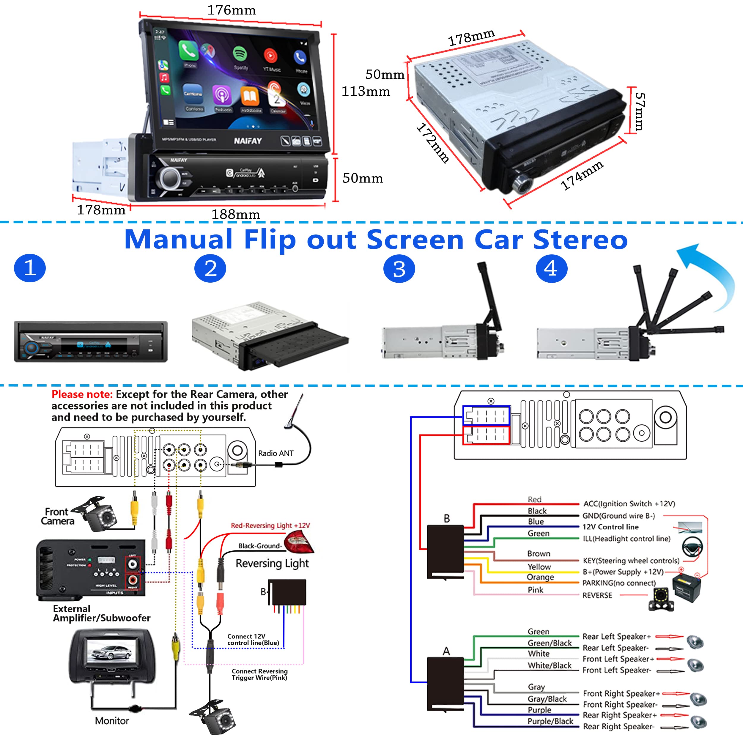 Naifay Single Din Touchscreen Car Stereo with Carplay & Android Auto, 7inch Flip Out Screen Car Stereo with Bluetooth Car Audio Receivers, Backup Camera, FM Radio/Mirror Link/USB/AUX/TF/Subwoofer