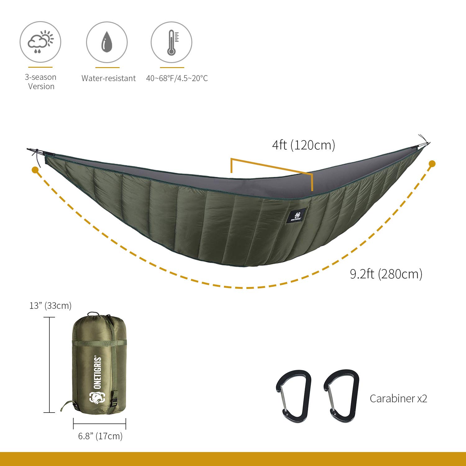 OneTigris NIGHT PROTECTOR Ultralight Hammock Underquilt, Full Length Camping Quilt for Hammocks Warm 3-4 Seasons, Weighs only 28oz, Great for Camping Hiking Backpacking Traveling Beach
