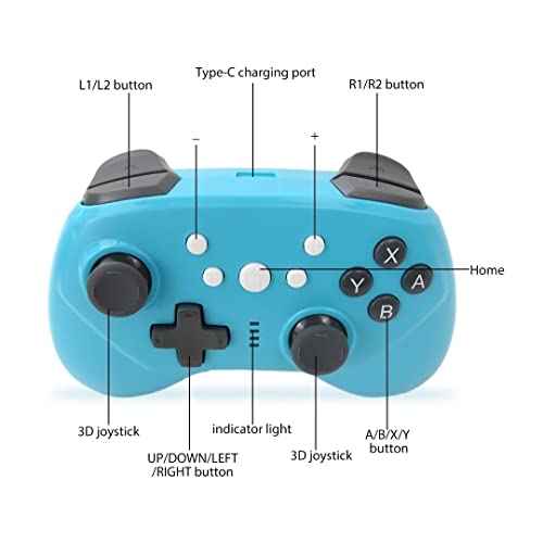 Wireless Controller for Nintendo Switch, Switch Lite and Android, Wired PC and P3, Switch Pro Controller with Turbo, Gyro Axis and Dual Vibration, with Type-C Charging Port (Blue)