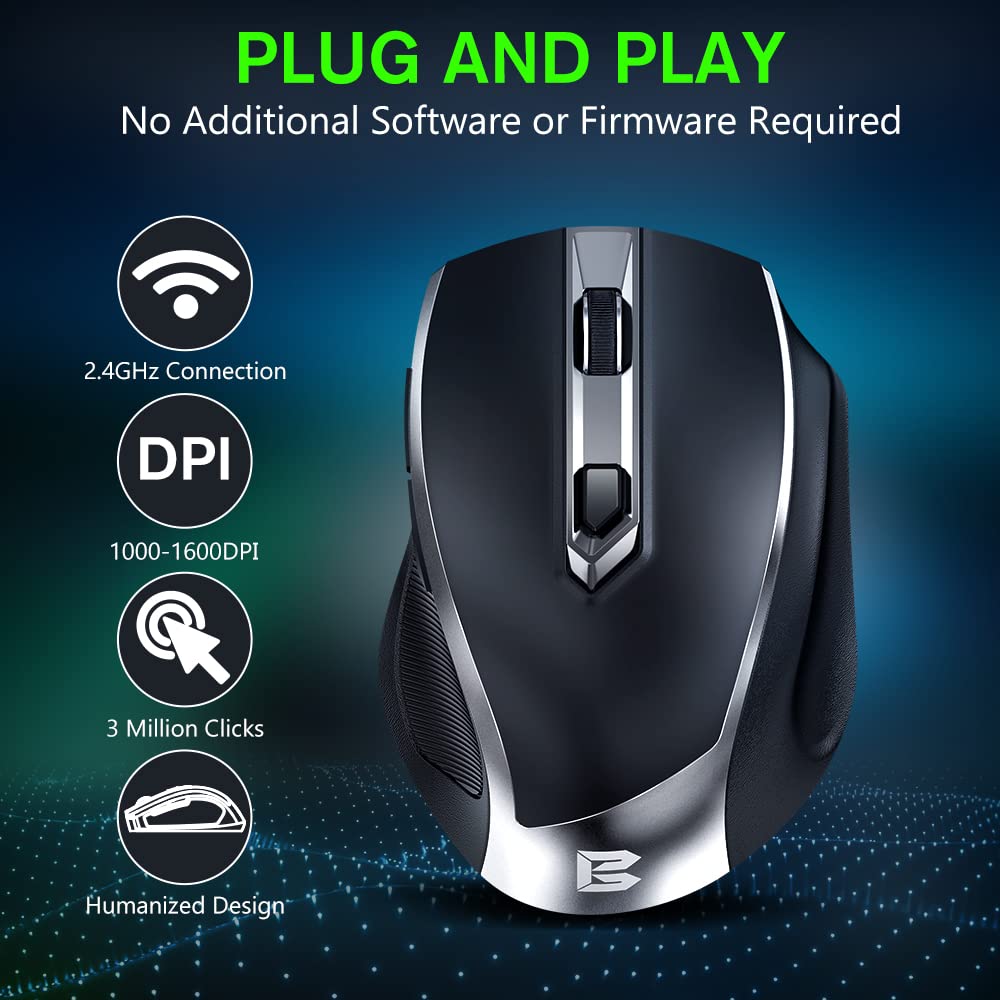 WolfLawS KM-4 Wireless Gaming Mouse, Computer Mouse USB Cordless Mice for PC Laptop, Ergonomic Optical Mouse with 6 Silent Buttons, 3 Adjustable DPI, Nano Receiver, Plug & Play for Windows -Black