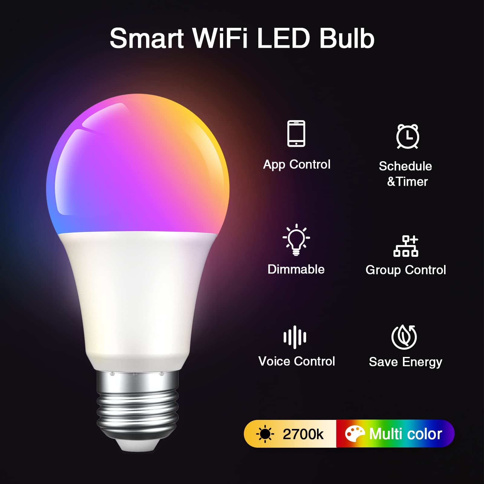 Smart Light Bulbs, Color Changing Smart Bulbs Compatible with Alexa Google Home No Hub Required, Wifi Light Bulbs A19 E26 75W Equivalent, Dimmable Multi-Color Led Light Bulb, 4 Pack