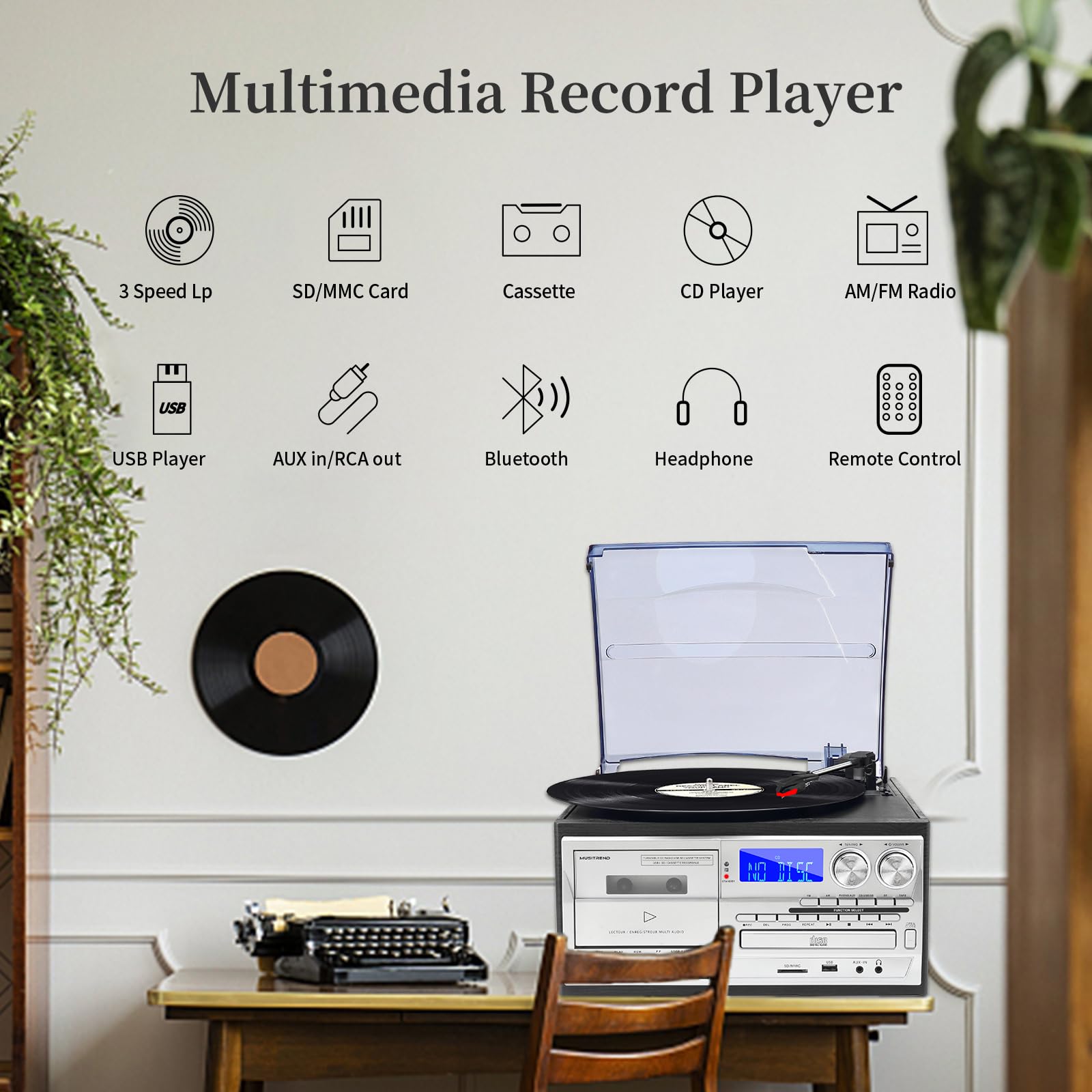 MUSITREND 9 in 1 Record Player 3 Speed Vinyl Turntable with Bluetooth AM FM Raido Cassette CD USB SD Play Bulit-in Stereo Speakers Aux in RCA Line Out (Black)