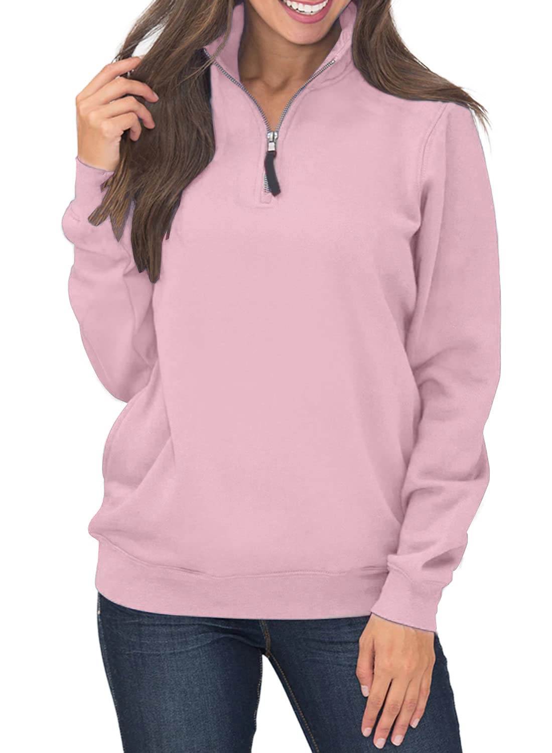 Samefar Womens Sweatshirt Long Sleeve Quarter Zip High Neck Casual Loose Pullover Sweatshirts Tops for Women Pink Large