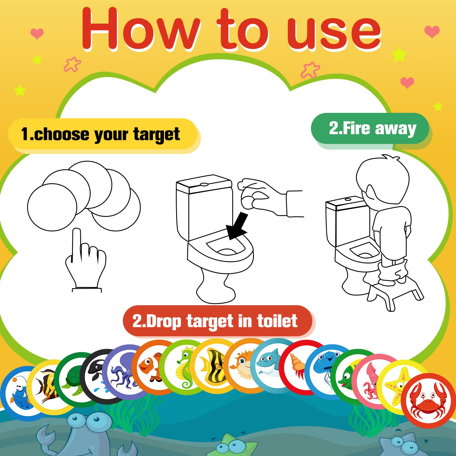 Woanger 240 Pieces Toilet Targets for Boys, Ocean Animals Potty Training Flushable Targets Sea Creatures Potty Training Stickers 2 Inch Pee Stickers Color Changing Pee Targets
