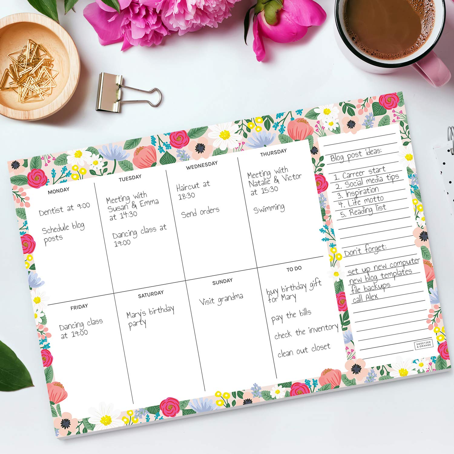 Sweetzer & Orange Floral Weekly Planner Notepad with Daily Planner Agenda Squares. 7x10" Day Planner 2024 - Student Planner, Work Planner and Checklist Pad