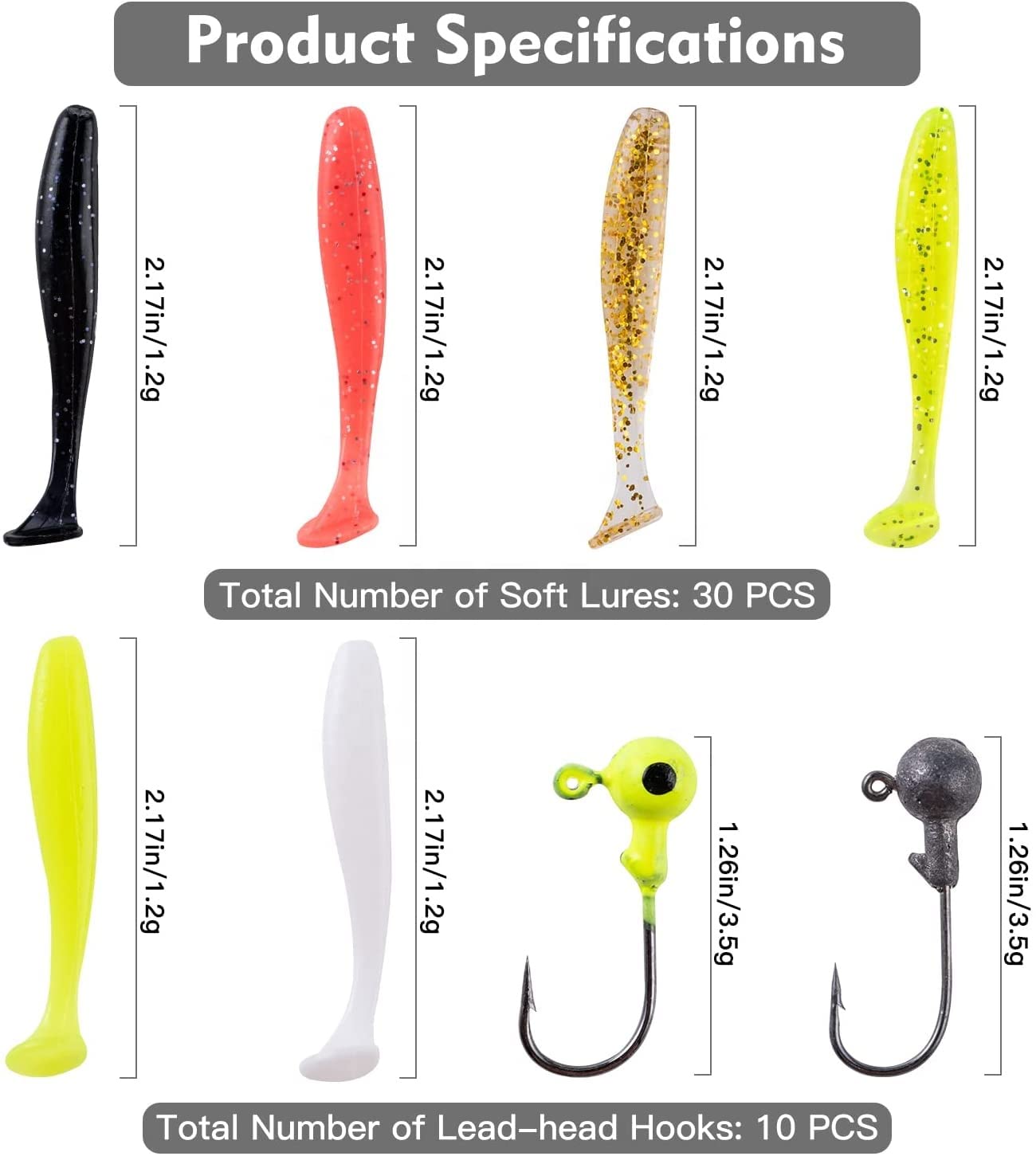 True Tropic Fishing Jig Head and Soft Lure Paddle Tail Set 40 PCS with Tackle Box, Salt and Freshwater Jigs, Yellow