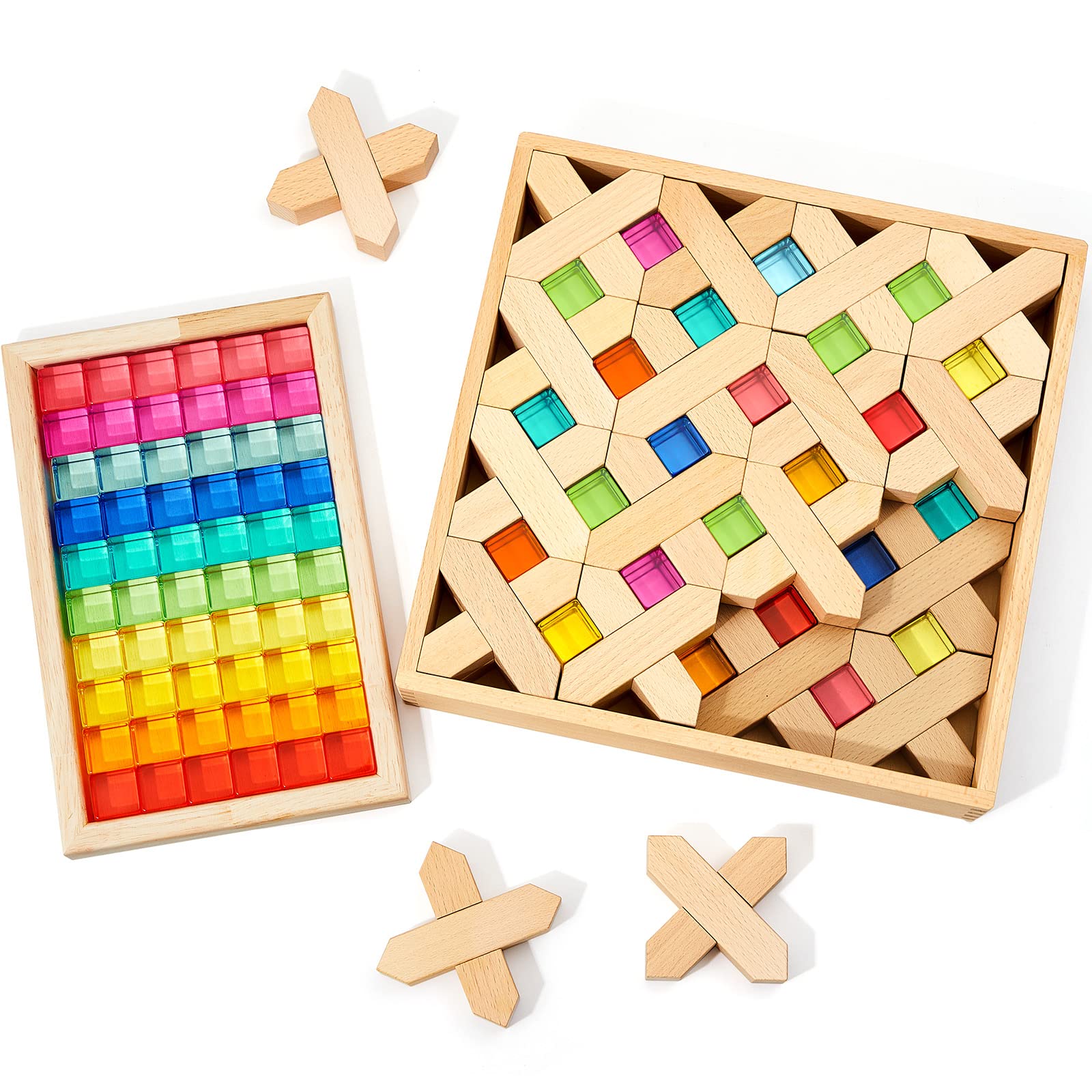 Wood Rainbow Building Blocks Set 60 Pcs Rainbow Acrylic Gem Cubes Blocks 32 Pcs X Shaped Wood Building Blocks Preschool Colorful Learning Educational Rainbow Stacking Toy for toddlers with Storage Box